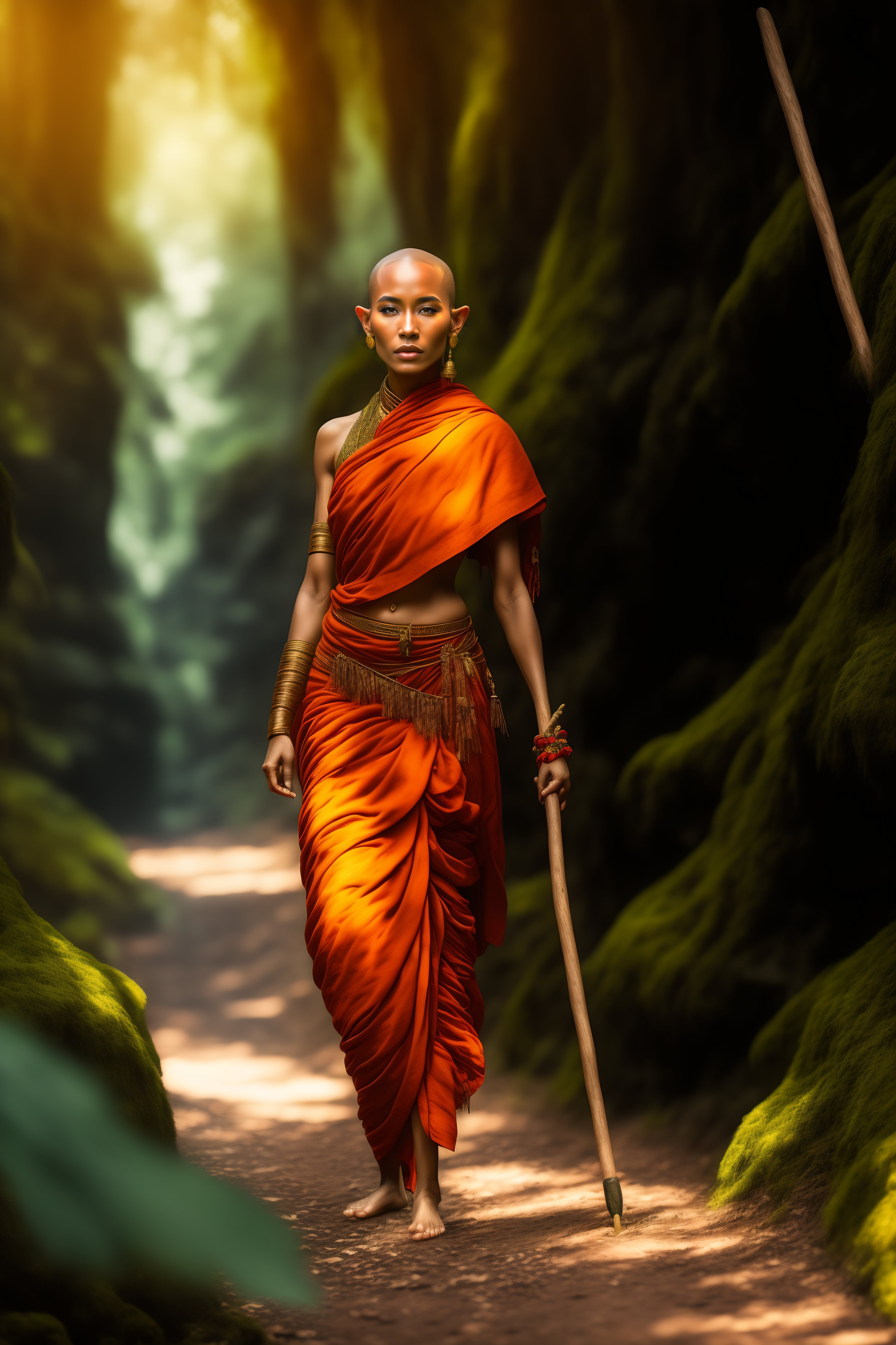 Lexica - Female elf monk with a stick, body shot, jungle landscape ...