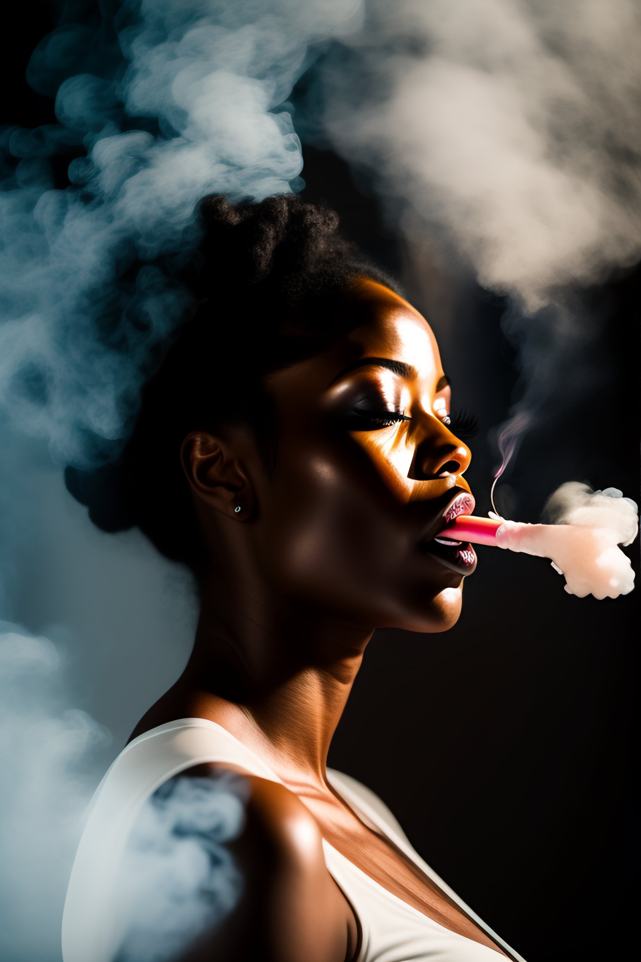 Lexica - Black woman smoking in a shisha and white smoke coming out of ...
