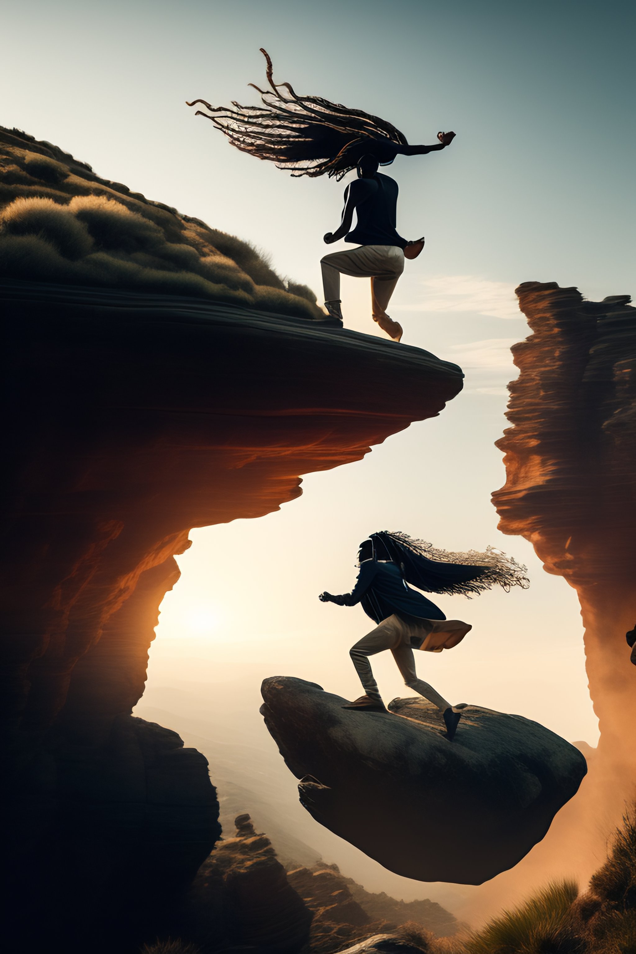 Lexica - BLACK MAN WITH DREADLOCKS FALLING OF A CLIFF SURROUNDED BY DJEMBES