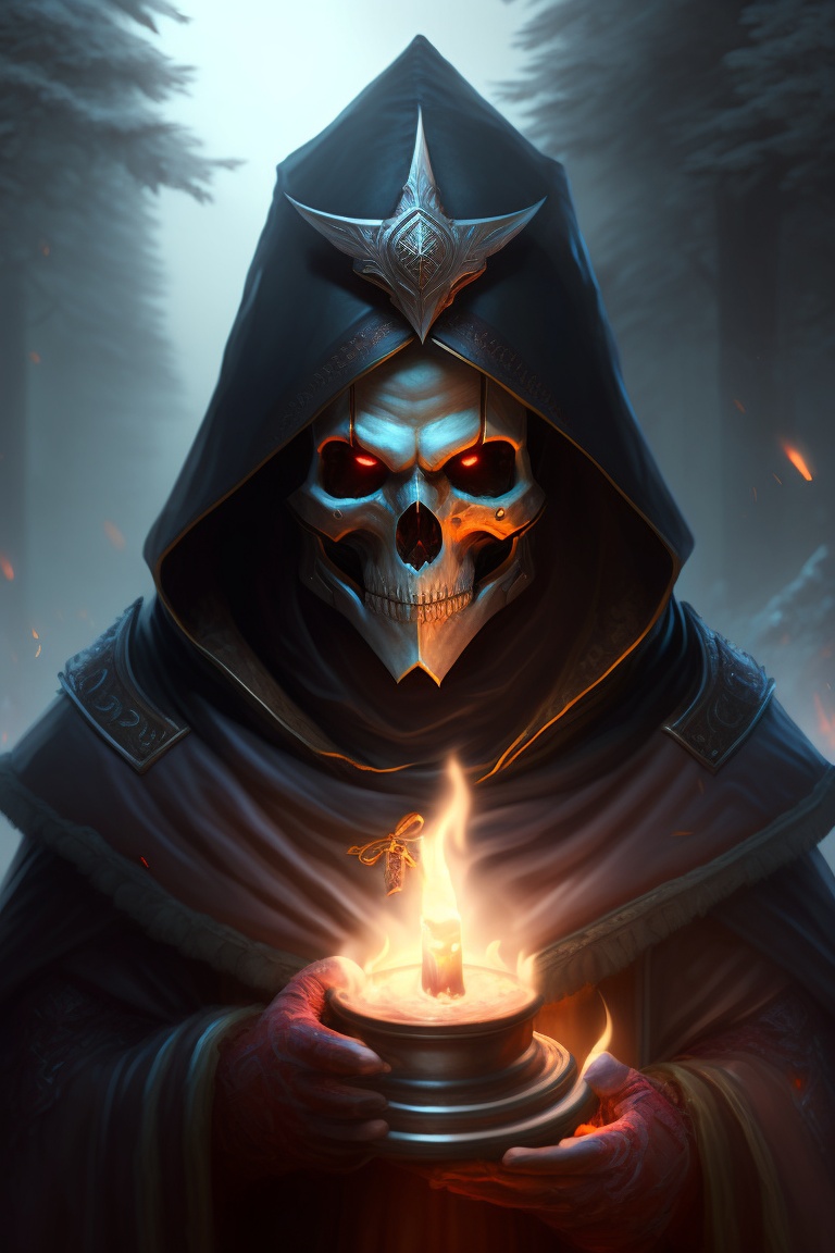 Lexica - Necromancer with a skull mask, hooded and with magic in his hands