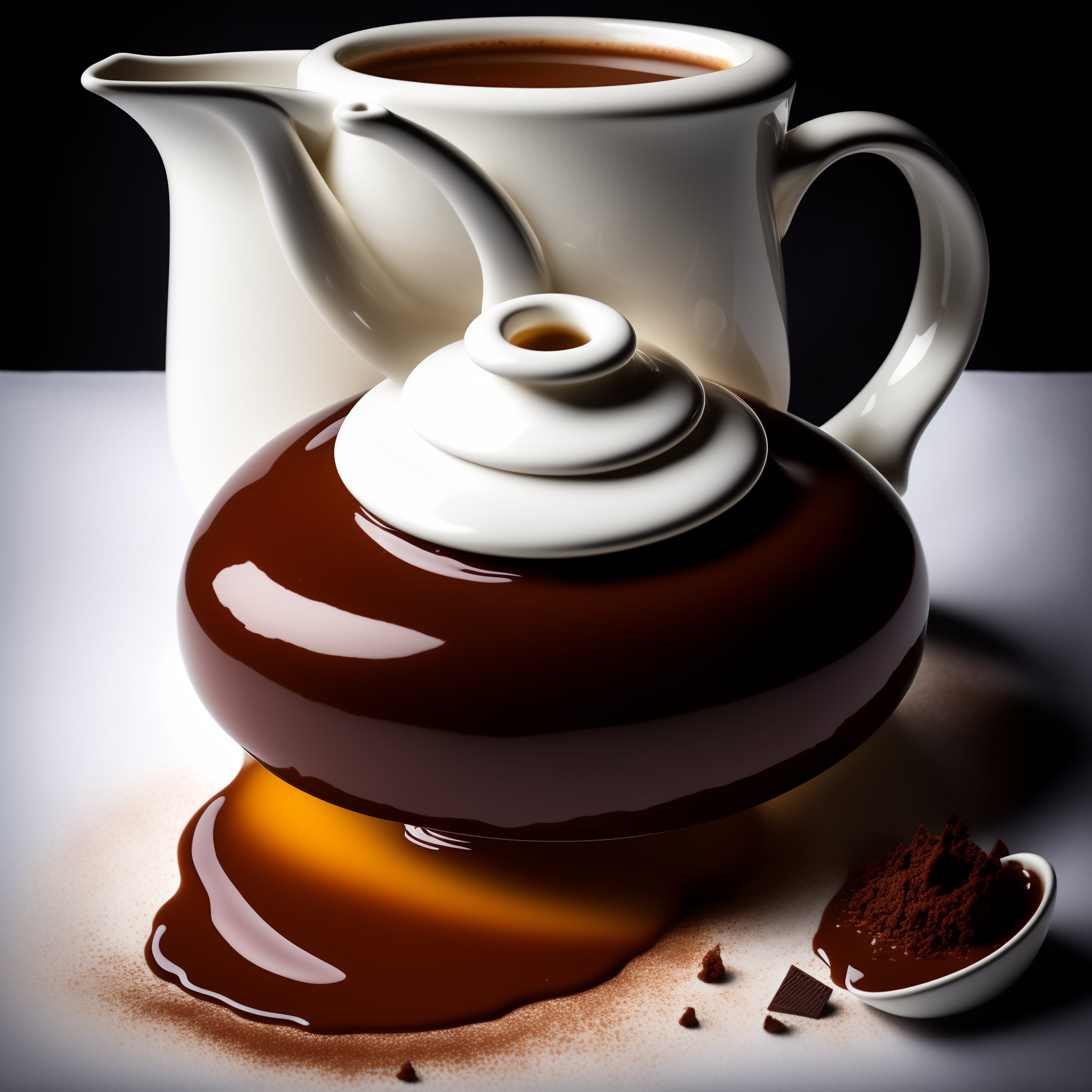 Lexica - A teapot of chocolate collapsing and falling and melting into ...