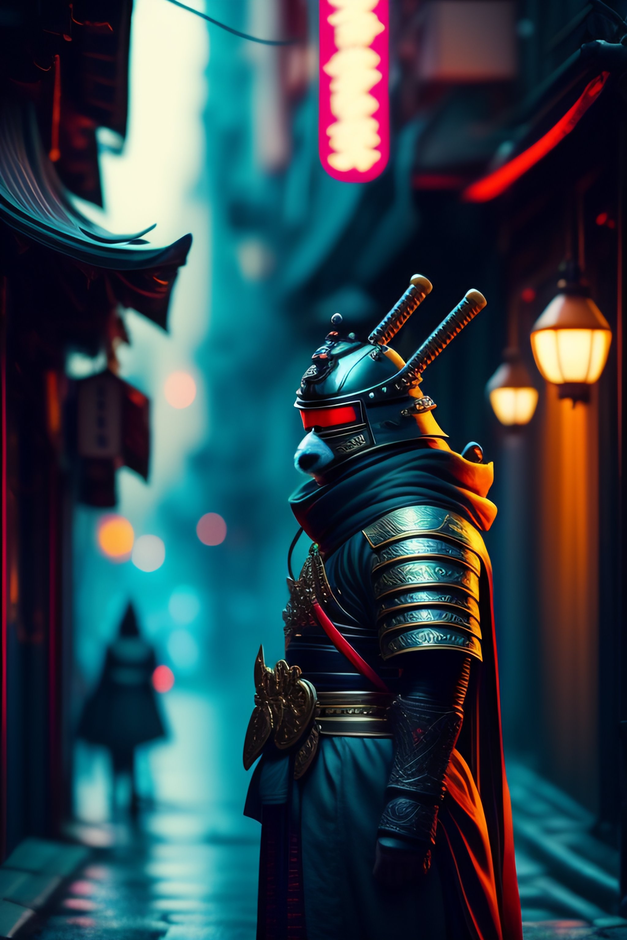 Lexica - Samurai pepe in a cyberpunk alley
