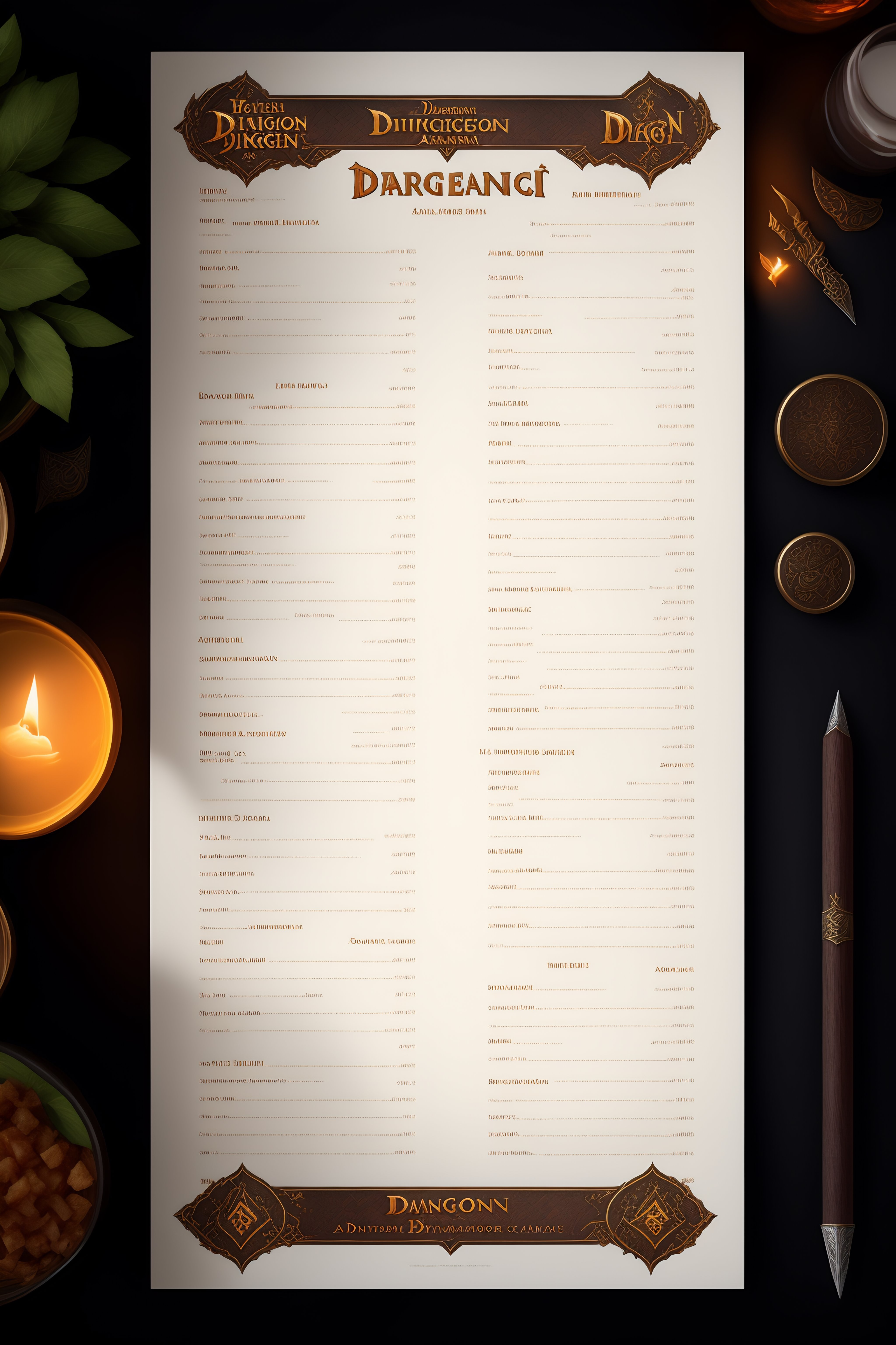 Lexica - A dungeons dragons' menu on a paper sheet with embellishments ...
