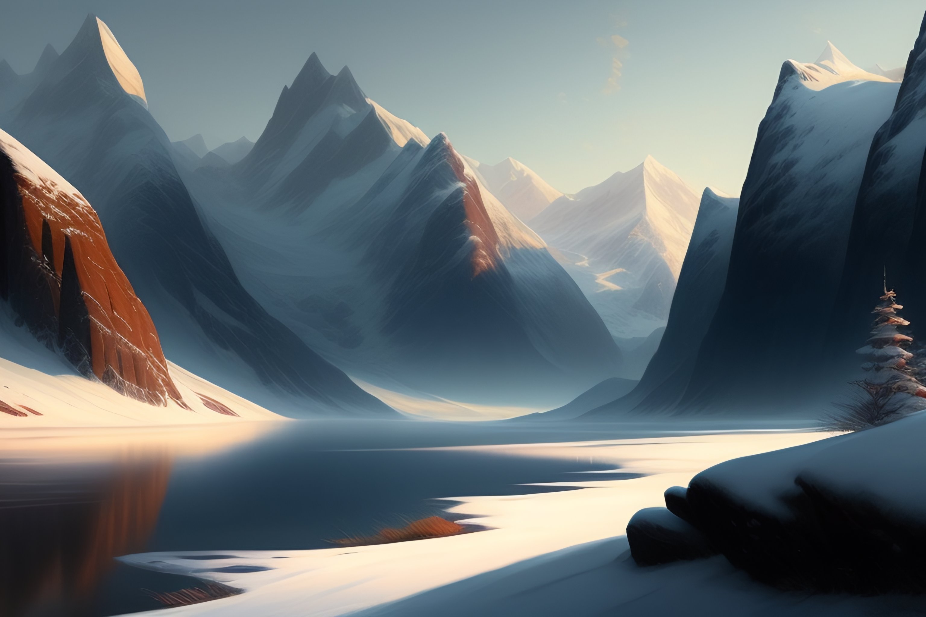 Lexica - Snowy mountains with freen grass and lake, roerich, digital ...