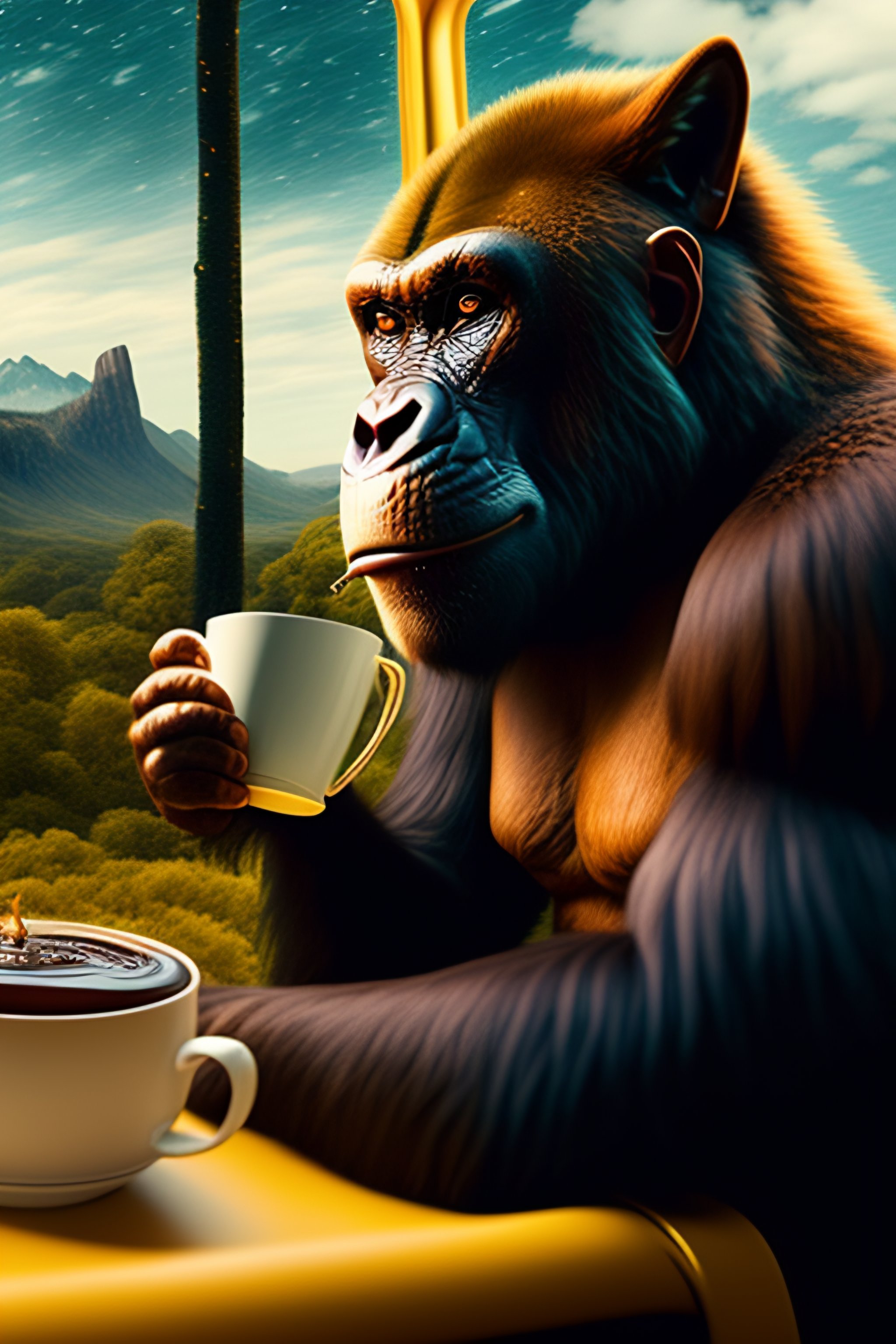 Lexica - An ape and a wolf enjoying a cup of tea while riding on the ...