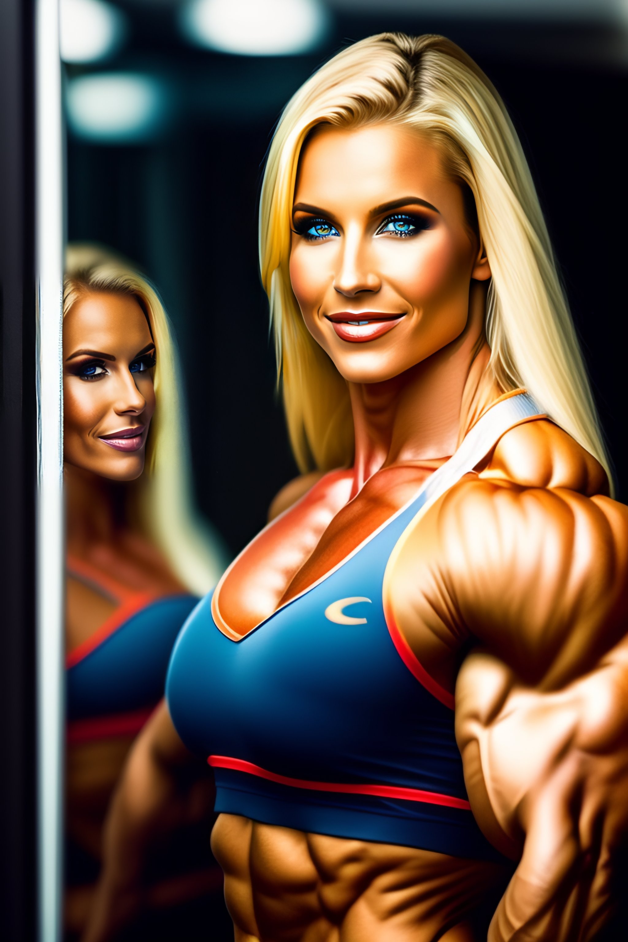 Lexica - Blonde girl that has big muscle and posing in mirror
