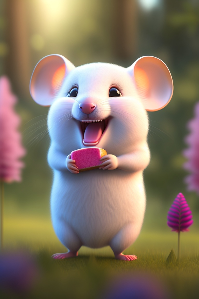 Lexica - 3d white mouse, big eyes, pink nose, five fingers hands ...