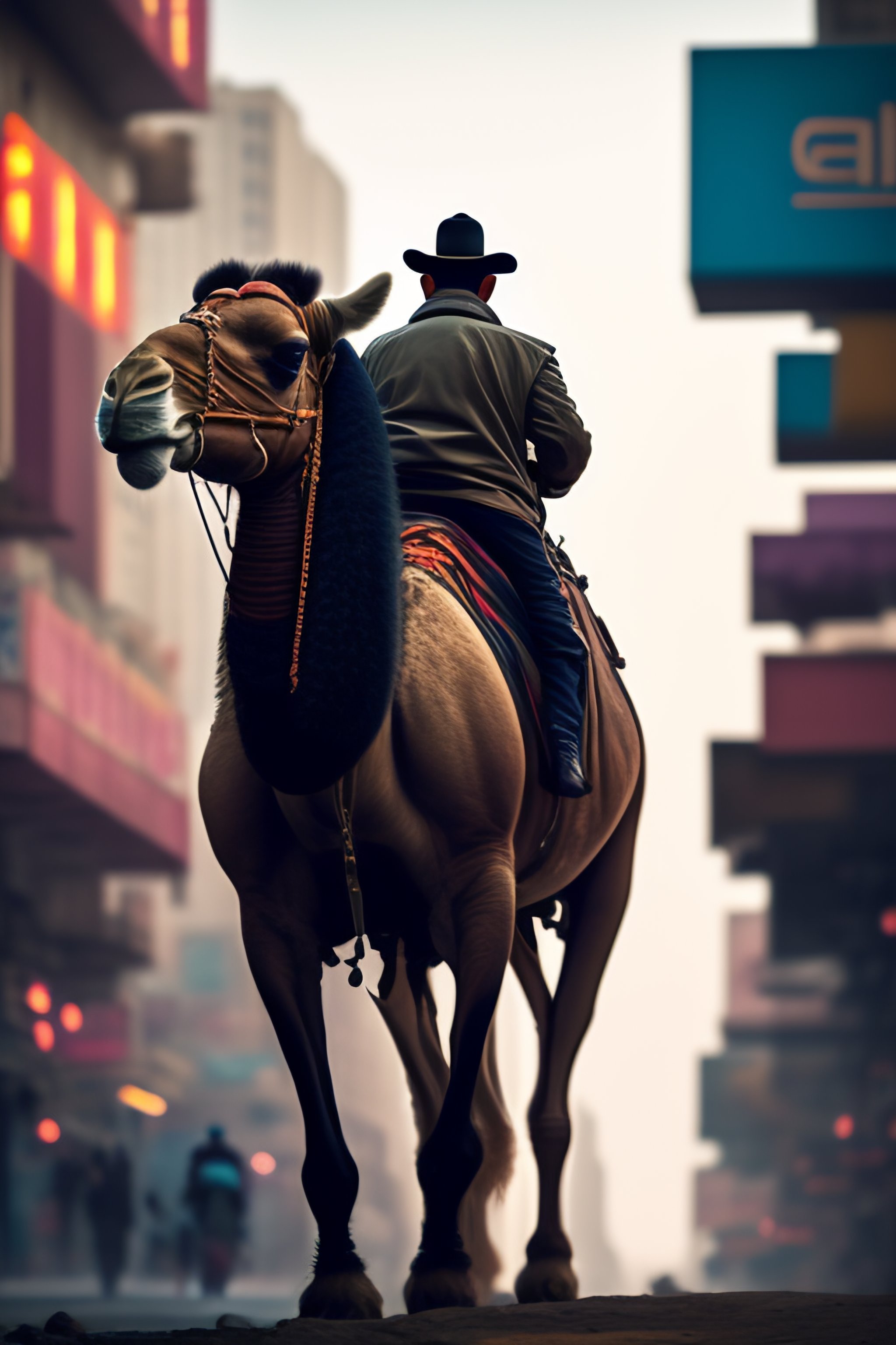 Lexica - Man riding a flying camel in a cyberpunk city