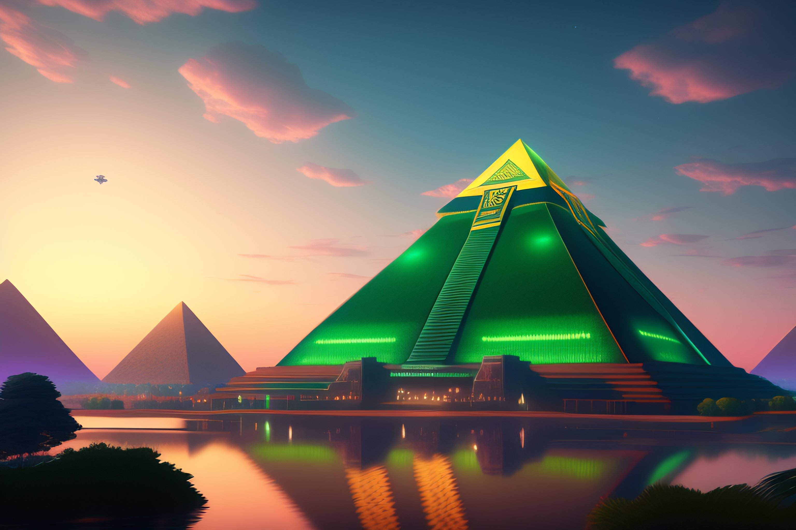 Lexica - UFO, building egyptian pyramids, green vegation, rivers ...