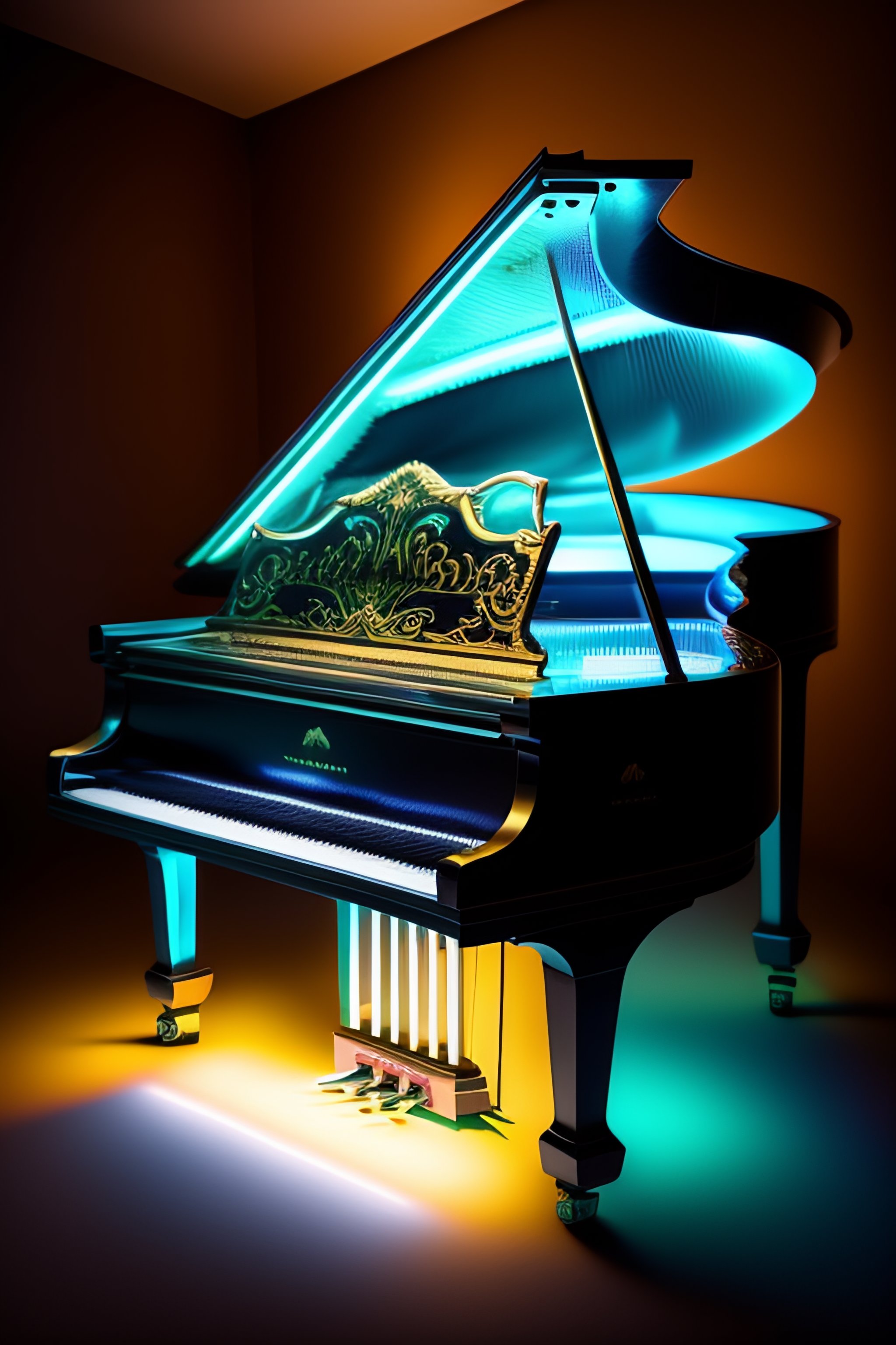 Lexica - A piano made of glass glowing in the dark