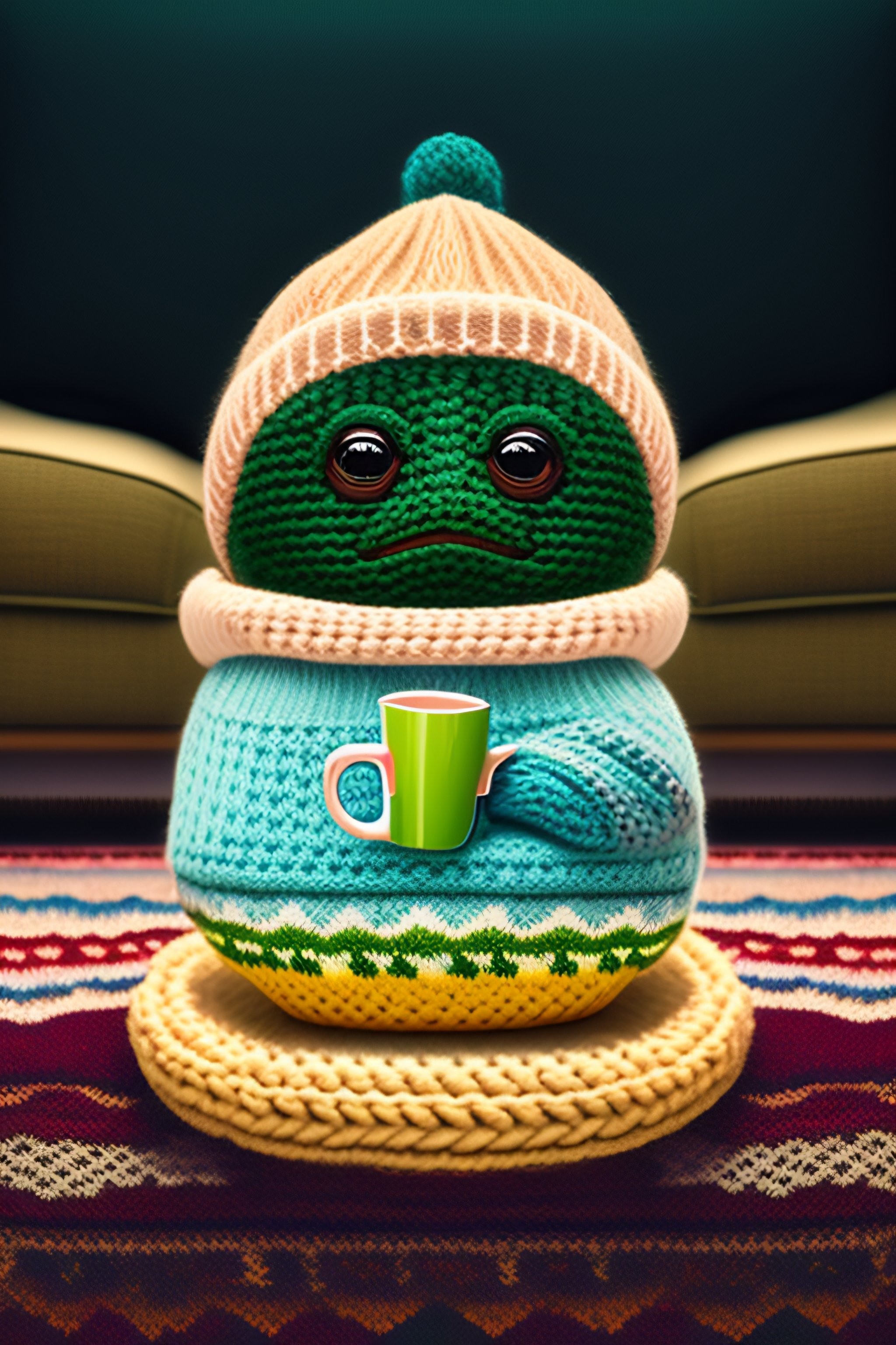 Lexica - A tiny pepe the frog sipping tea in a cozy knit sweater by the ...