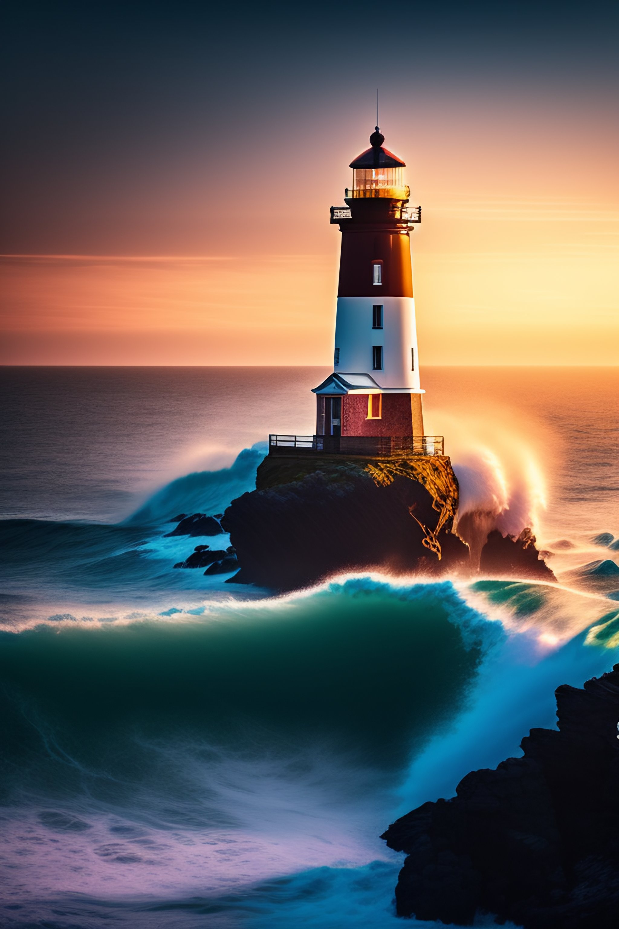 Lexica - A lighthouse in the middle of the sea, with wild sea hitting ...