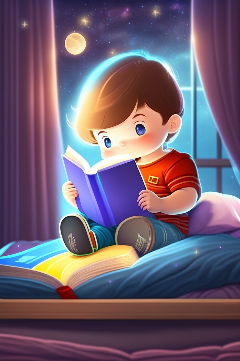 Lexica - A small kid reading a story book on the bed at night ...