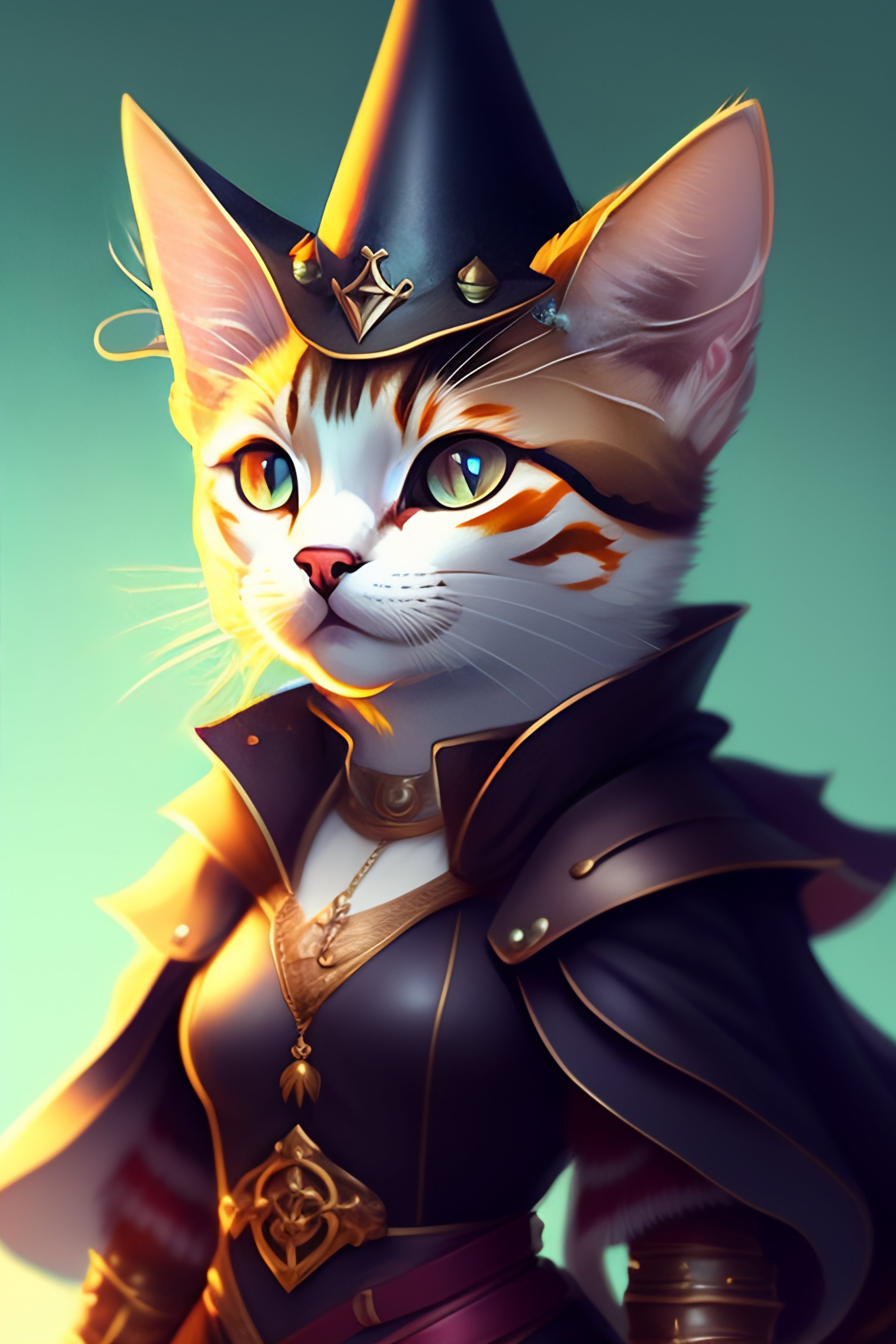 Lexica - Closeup of a cute cat witch with staff cloack and pack, D&D ...