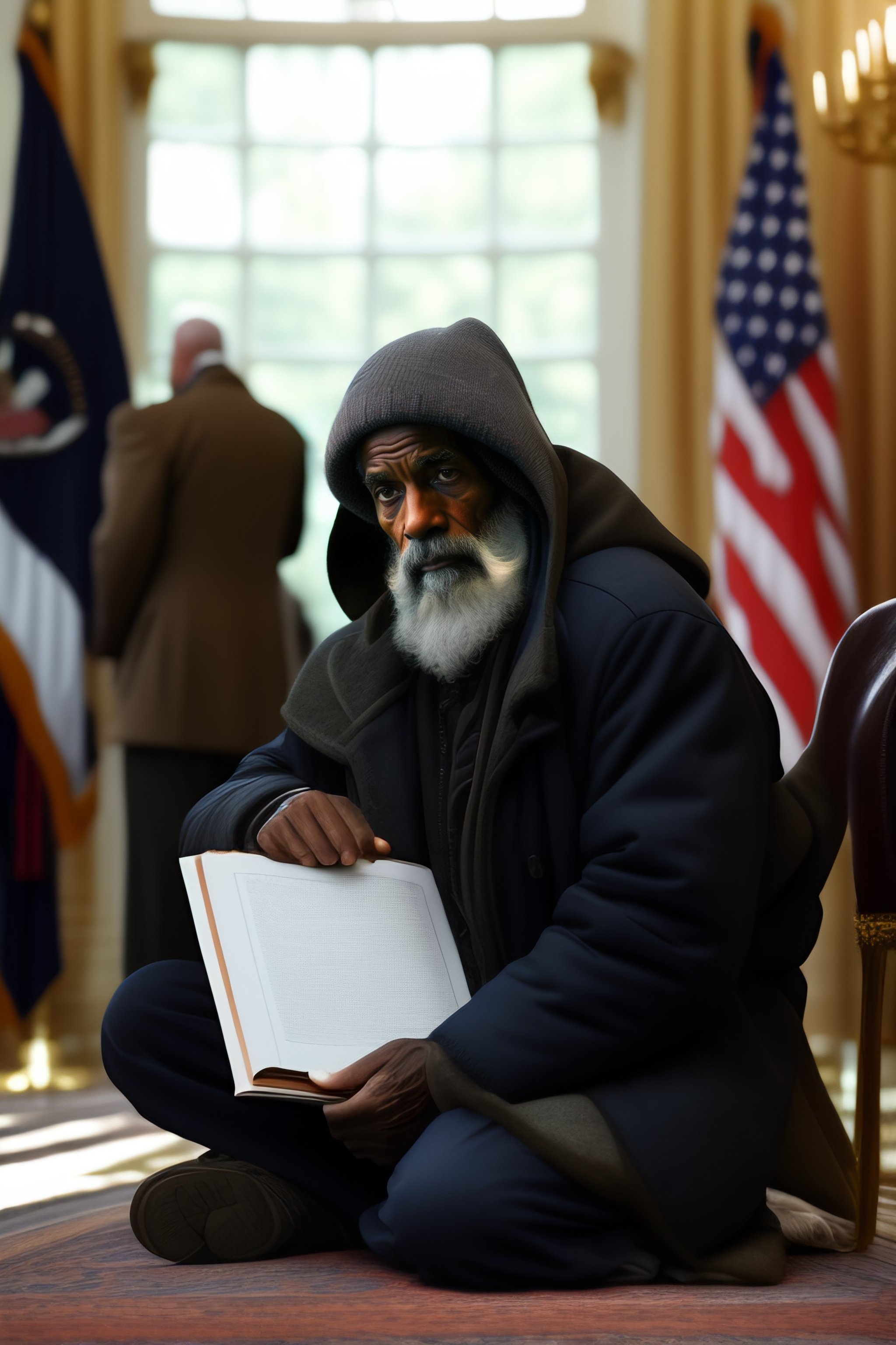 Lexica - Homeless man in the white house