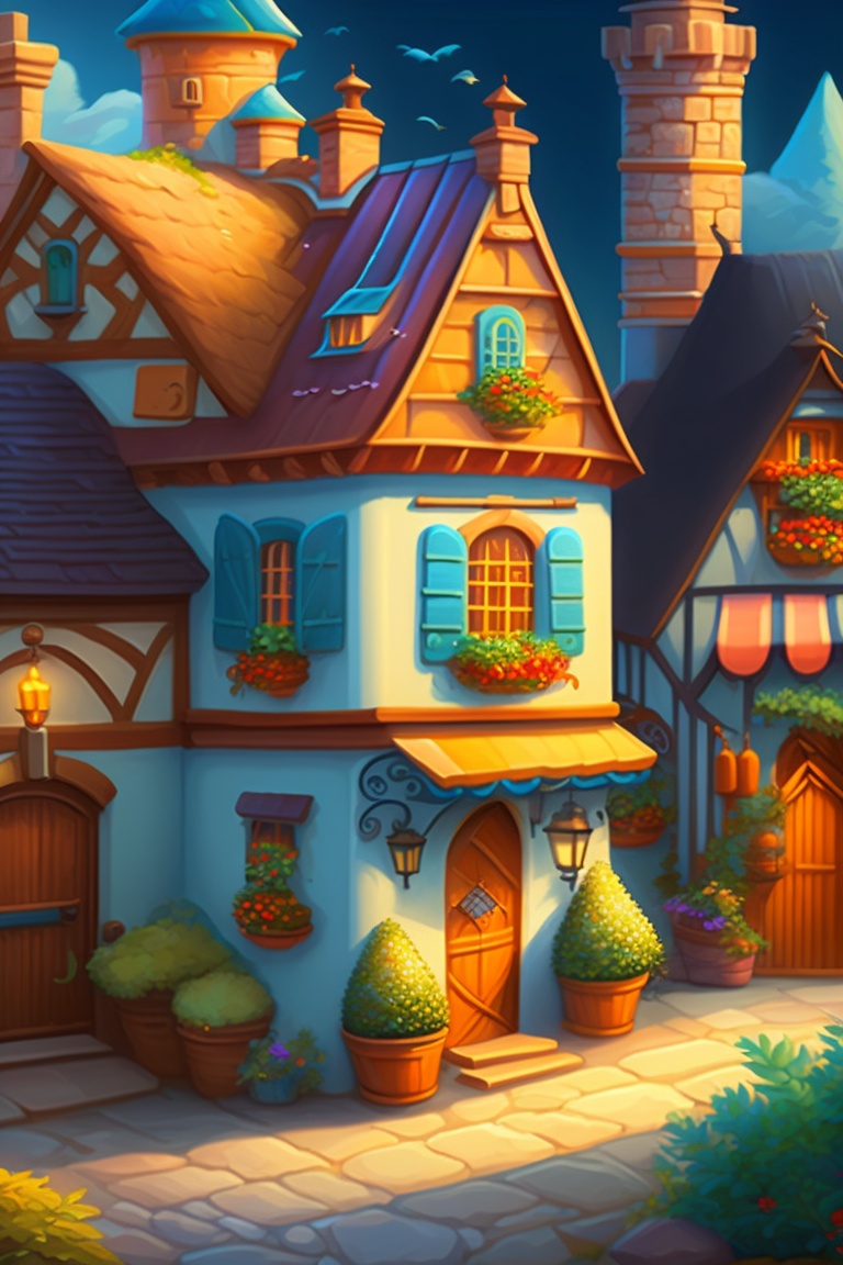 Lexica - Storybook cartoon fairytale town illustration, lot of house ...