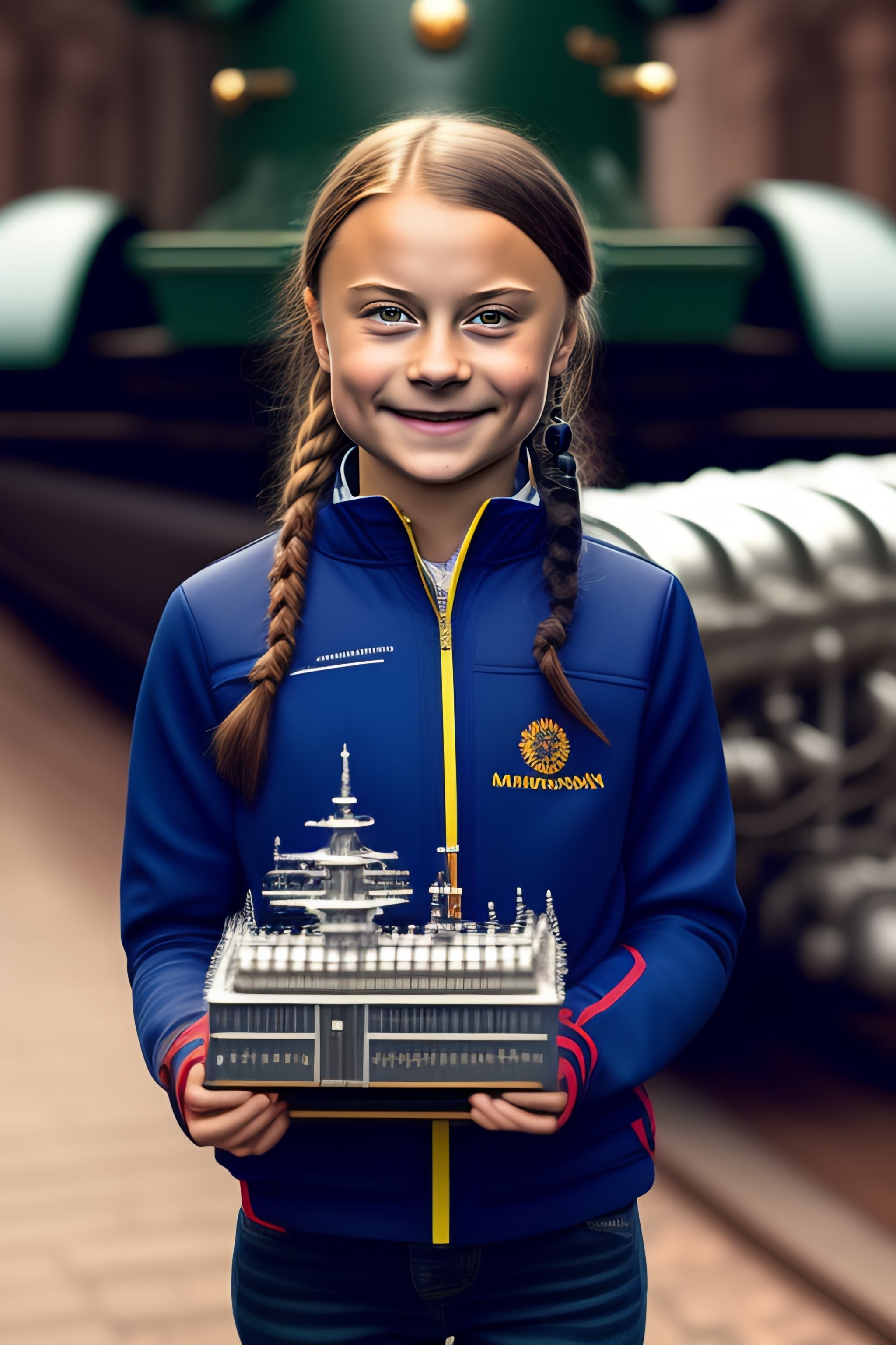 Lexica - Smiling greta thunberg holding a engine