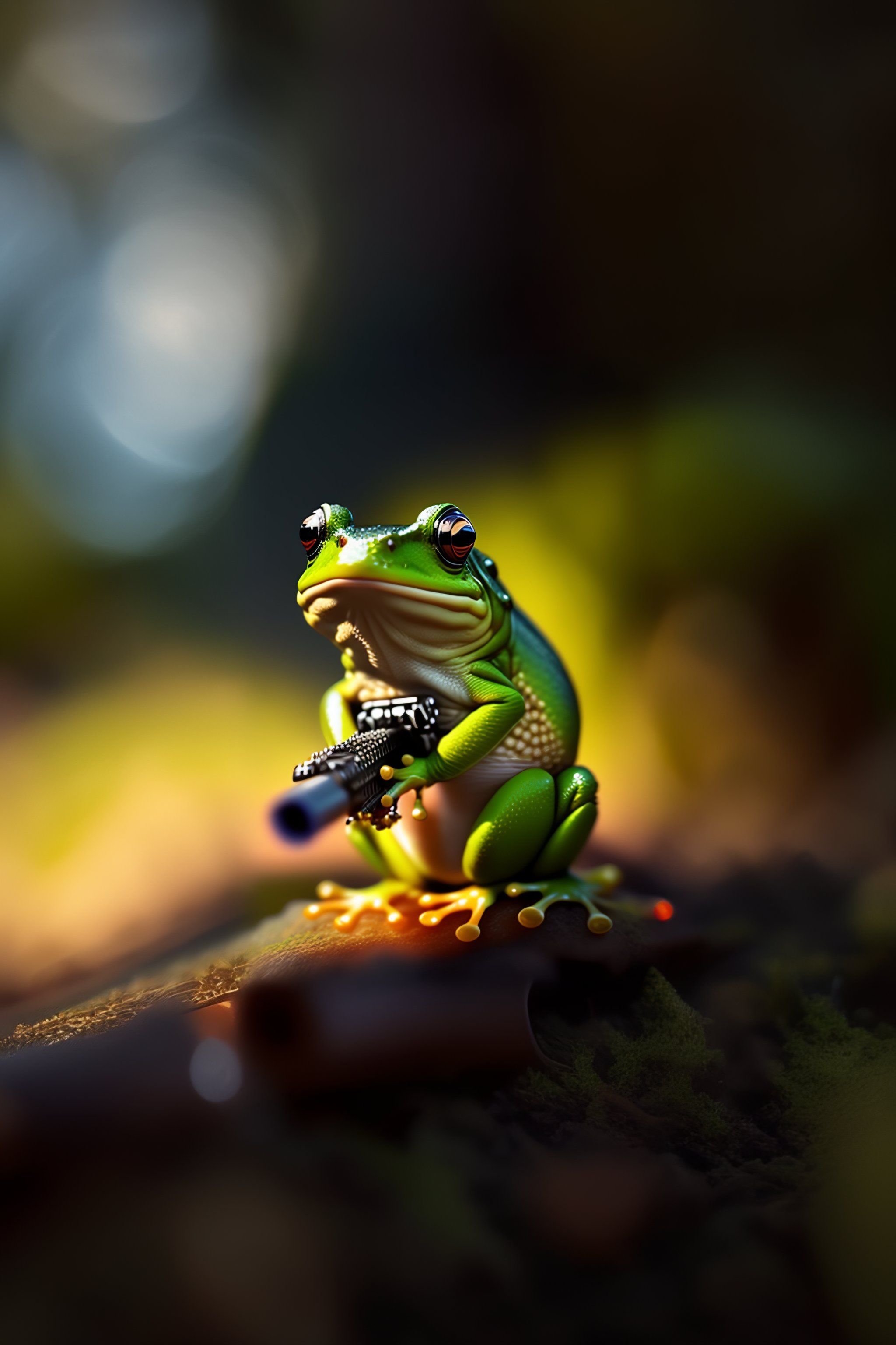 Lexica - A frog wielding a rocket-launcher from a video game.