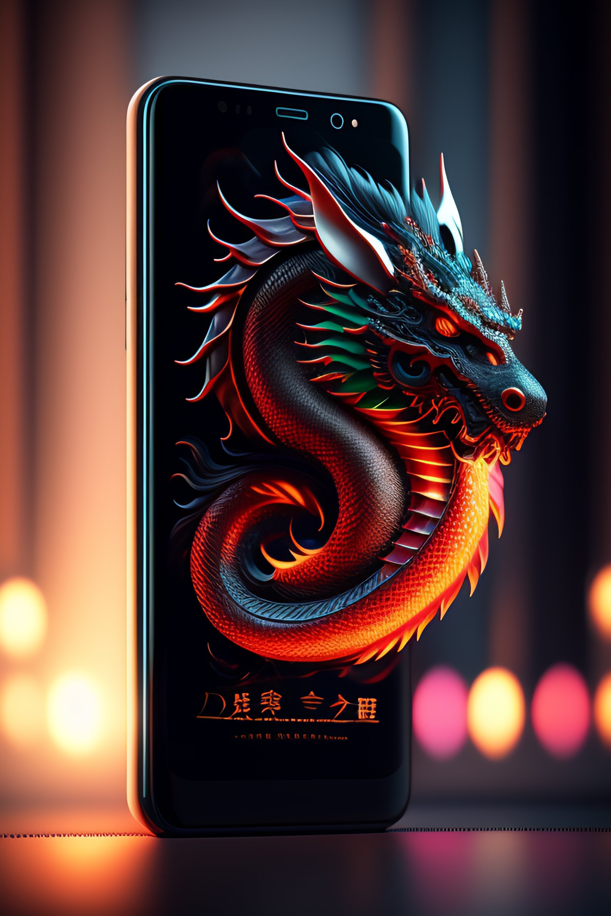 Lexica - A mobile phone with a chinese dragon pattern, centred, night ...