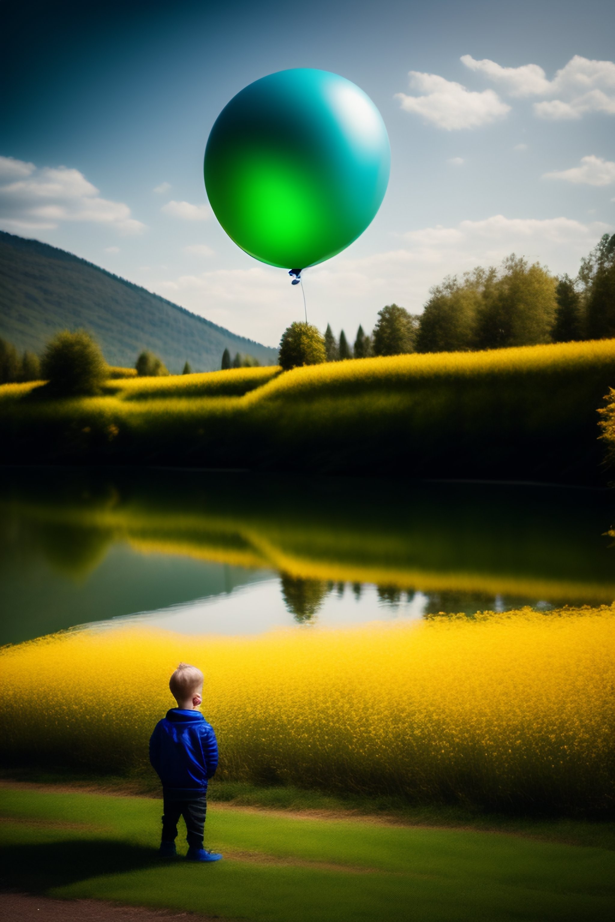 Lexica - A boy with 3 balloons painted in chalkboard colors near a lake ...