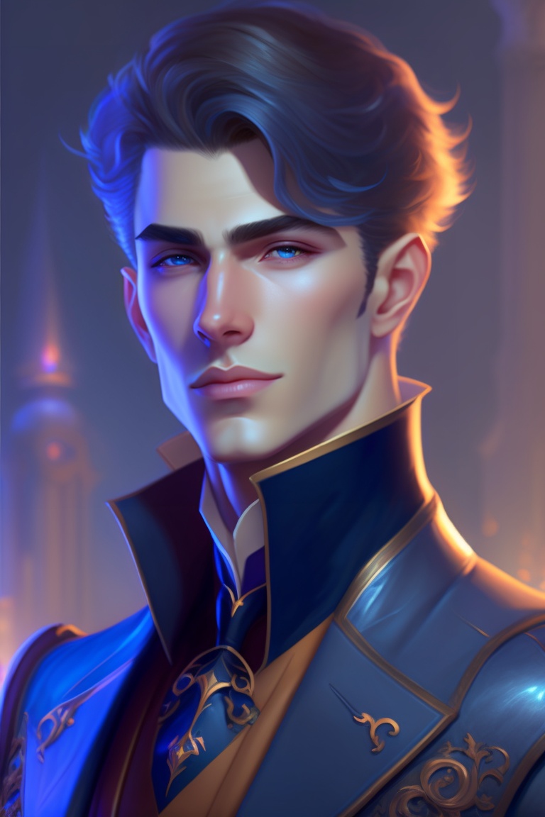 Lexica - Handsome dark blue vampire guy with short dark blond hair tied ...