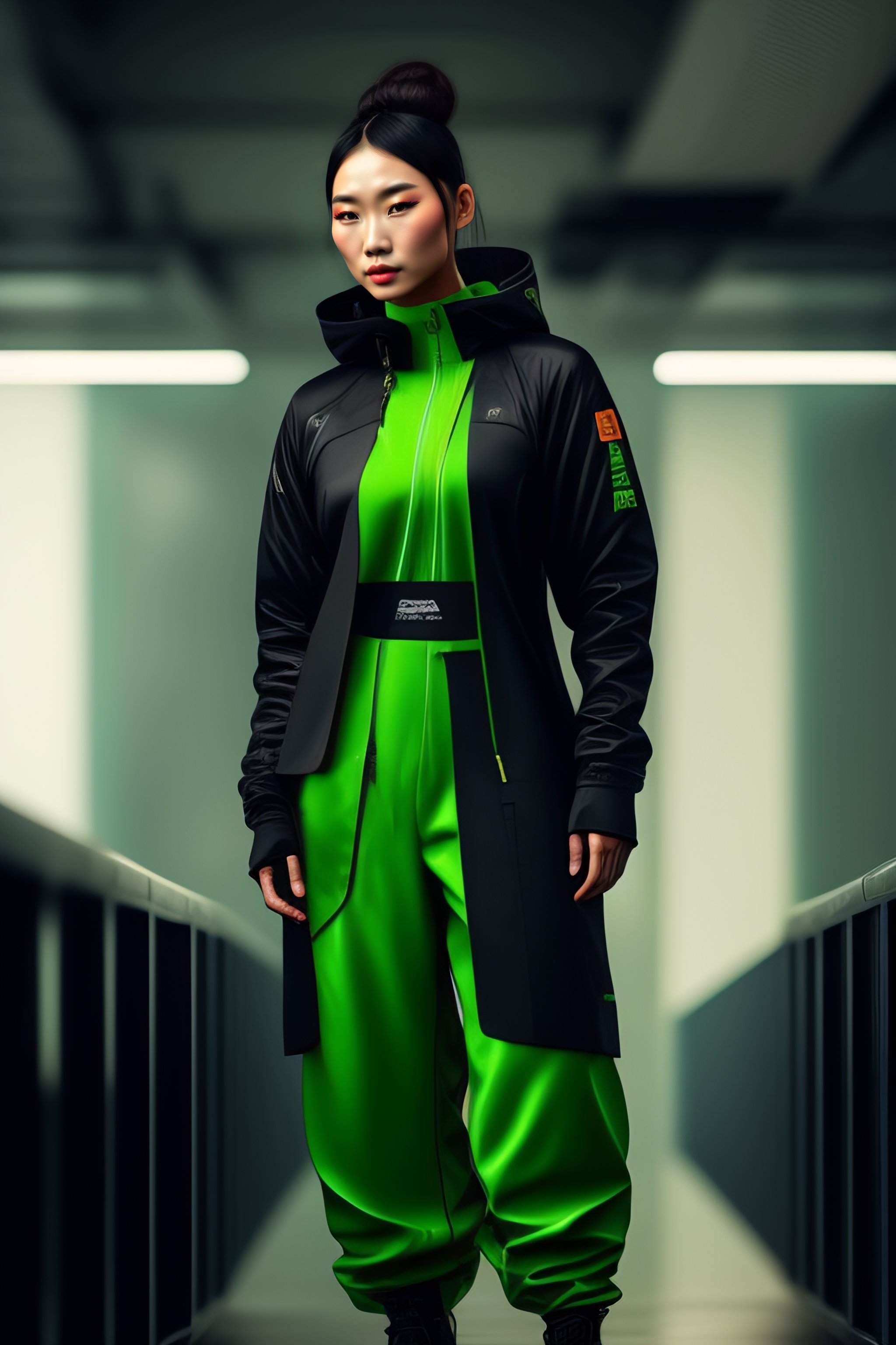 Lexica - An Asian inspired techwear model in black and green outfit