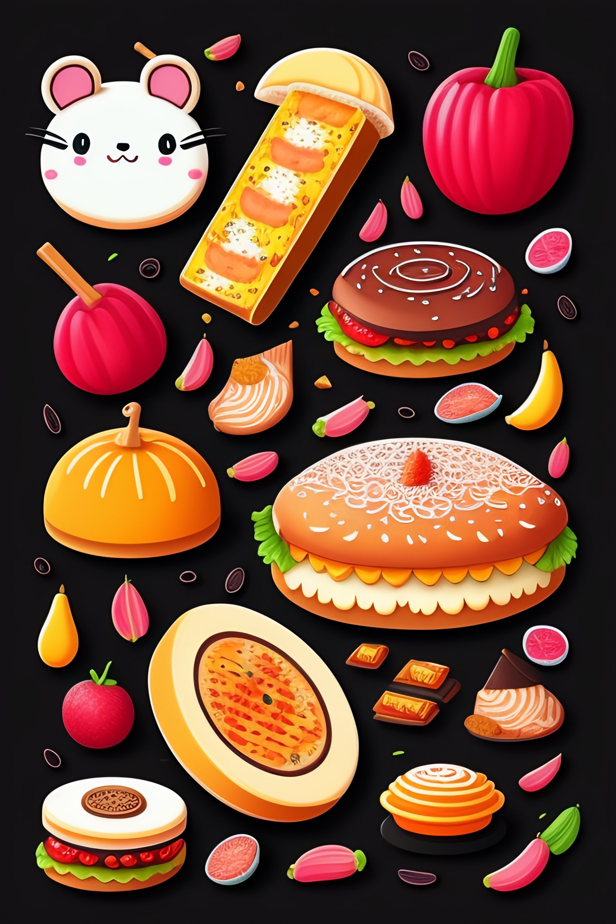 Lexica - Colorful, kawaii chibi food items on pale black paper, very ...
