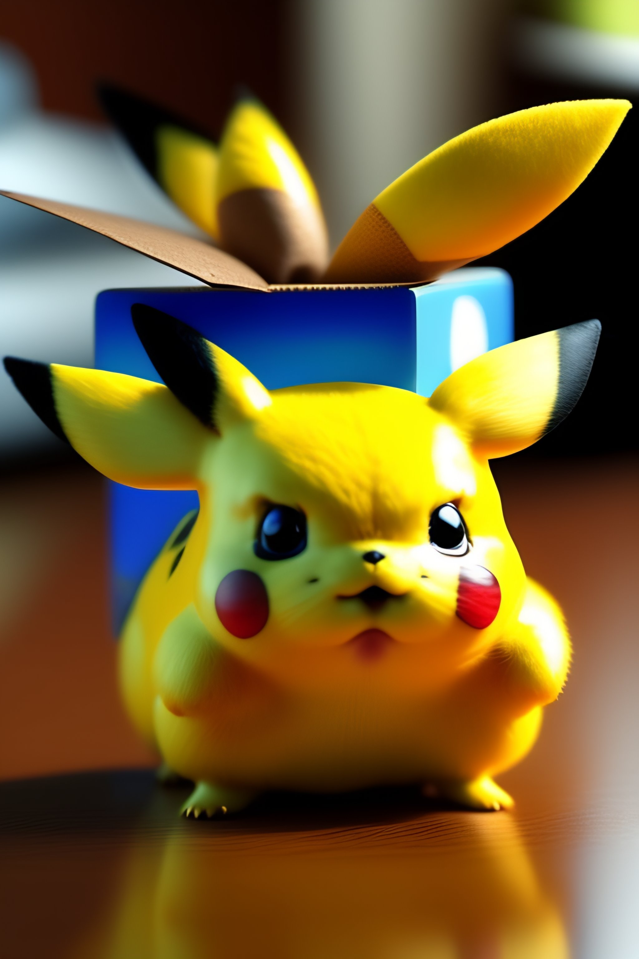 Lexica - Pikachu hiper realista con una caja de carton en la cabeza