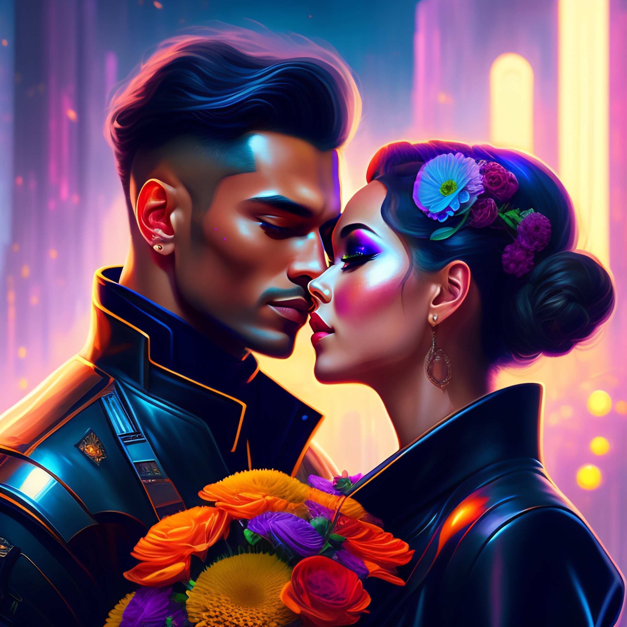 Lexica - An android man gives a bouquet of flowers to a beautiful human ...