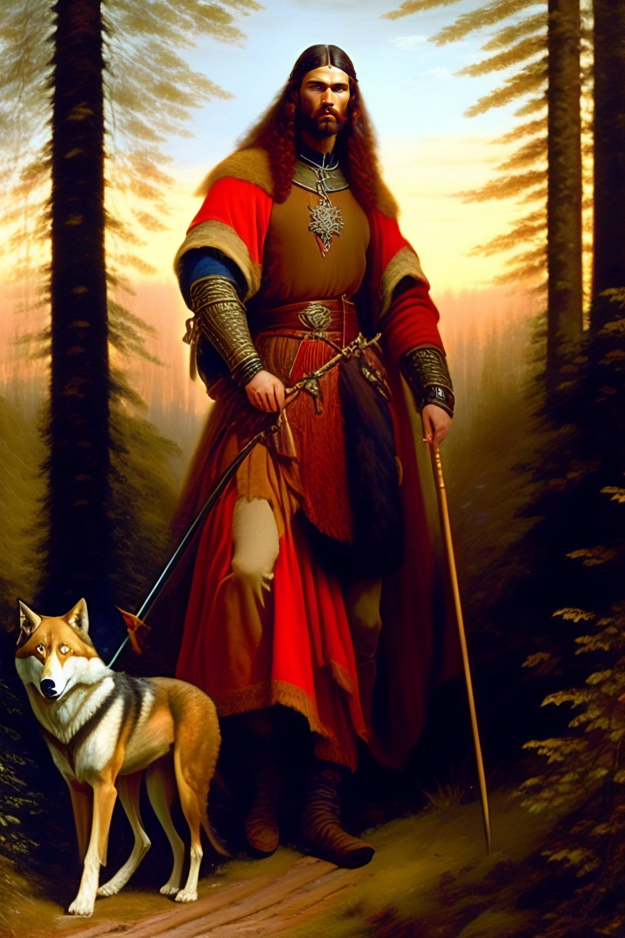 Lexica - Warrior red head man, with wolves, black haired woman, woolen ...
