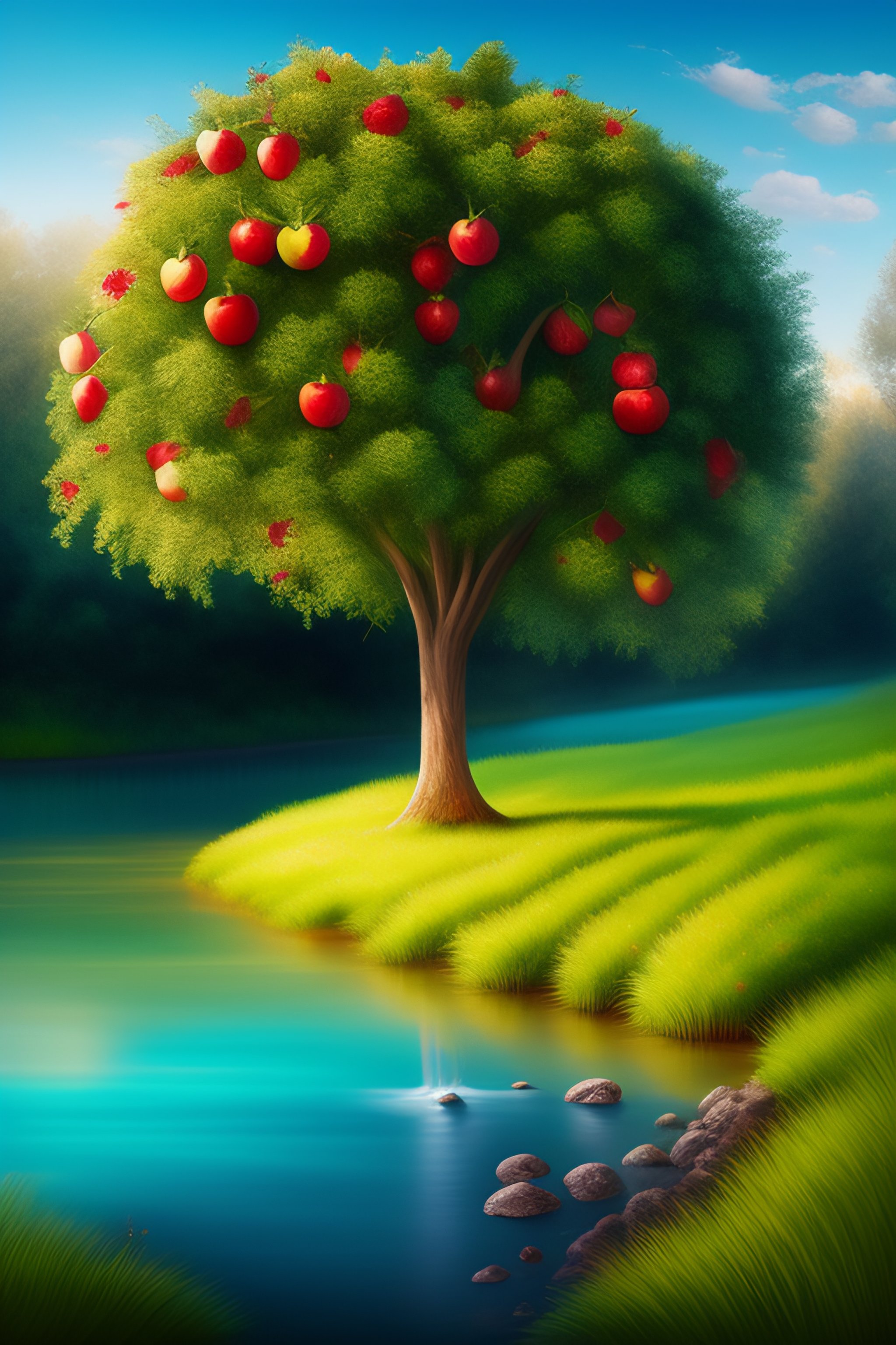 Lexica - Painting of apple tree loaded with tasty fruit between a ...