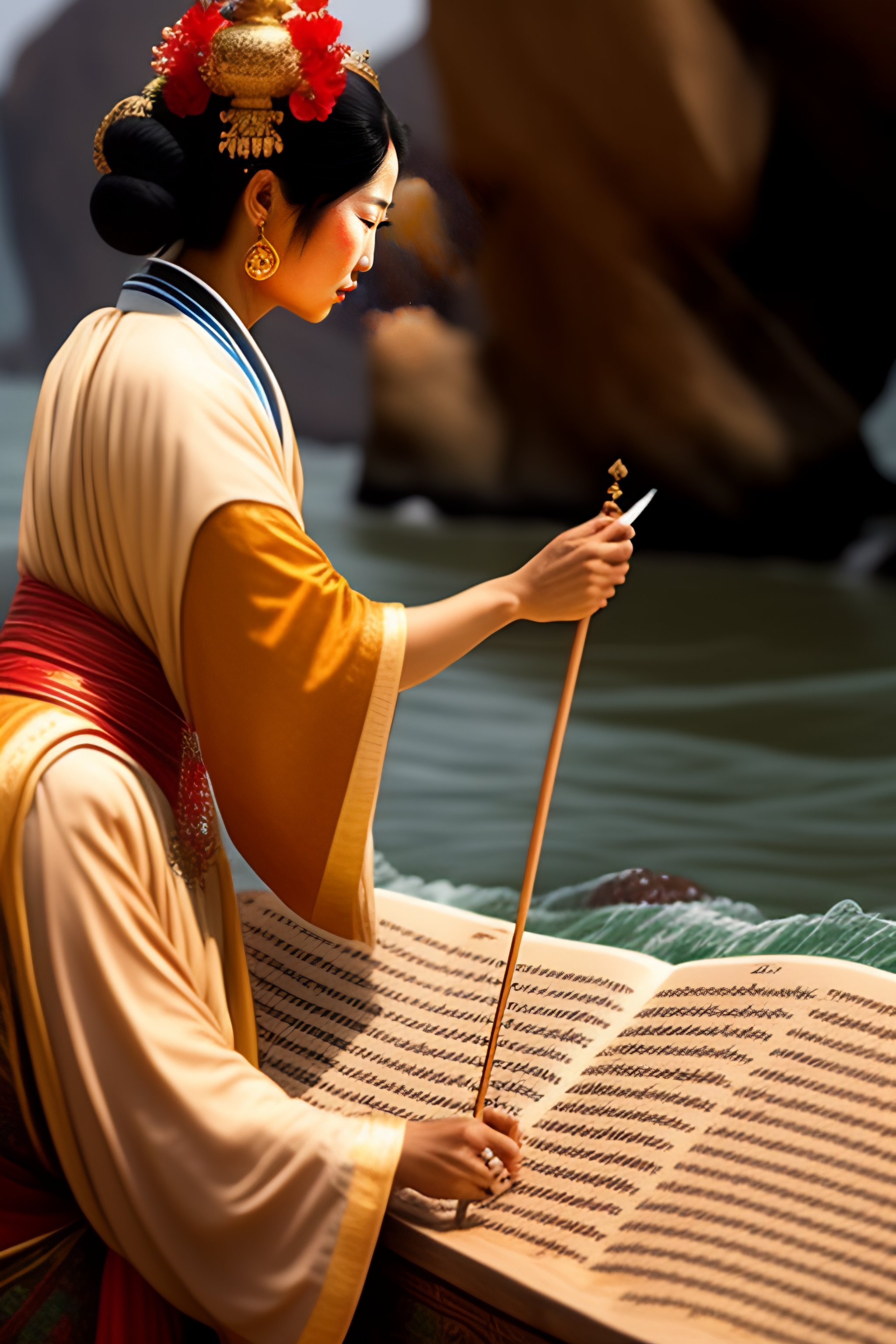 Lexica - Ancient chinese goddess writing by the sea