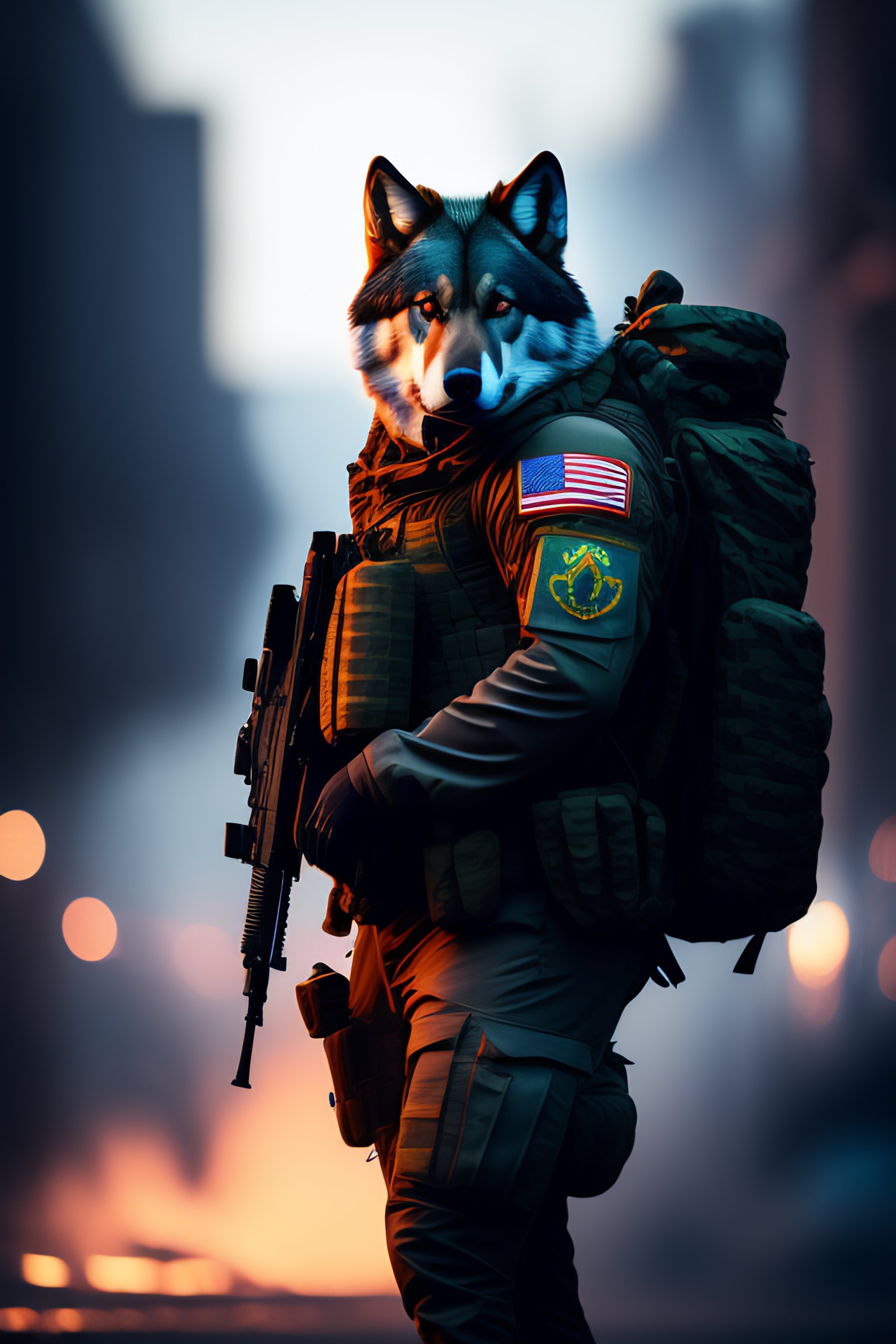 Lexica - A military alpha wolf with a machine gun walking with somali ...