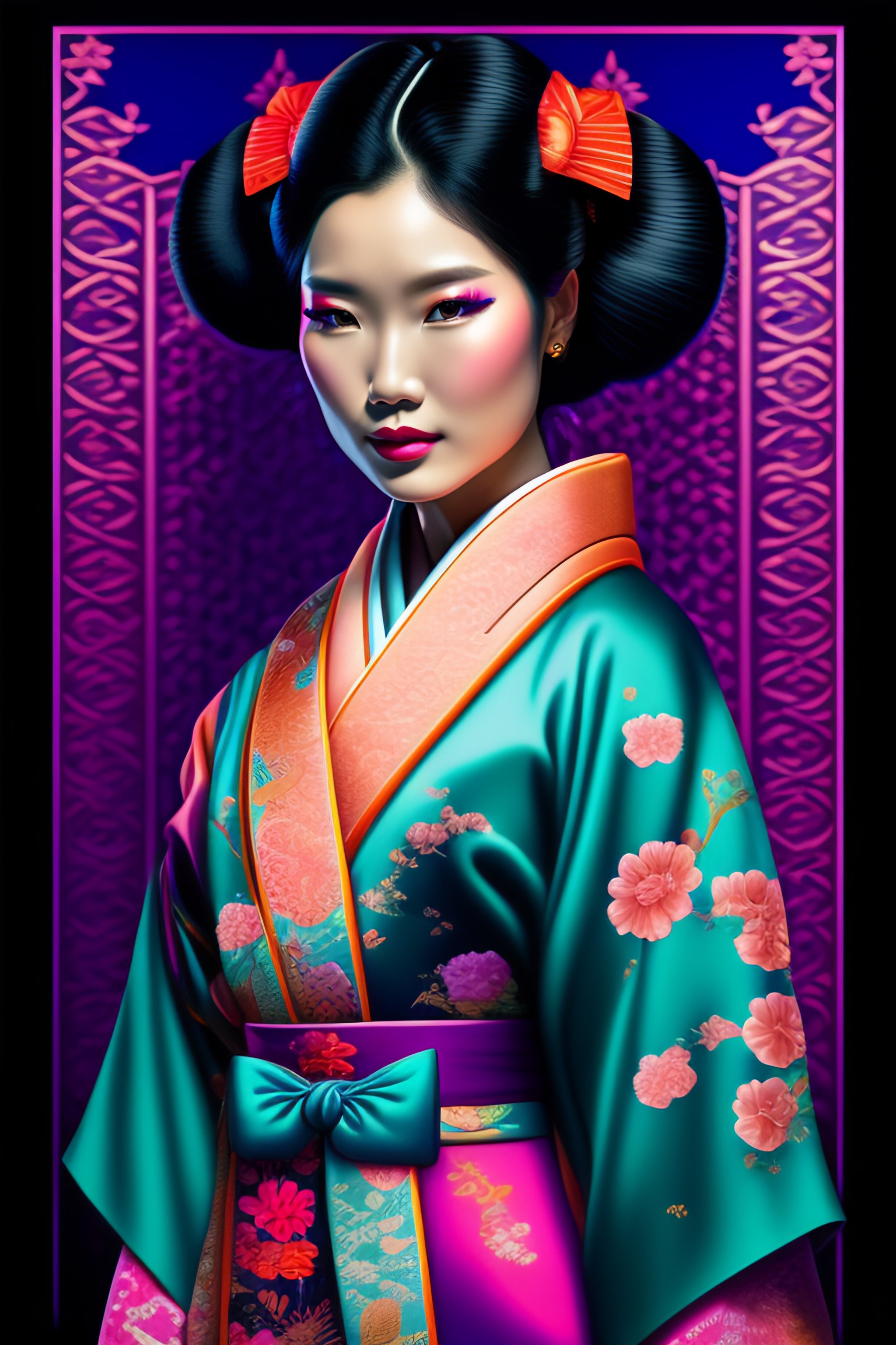 Lexica - Detailed kimono and geisha bow portrait, in ocular neon colors ...