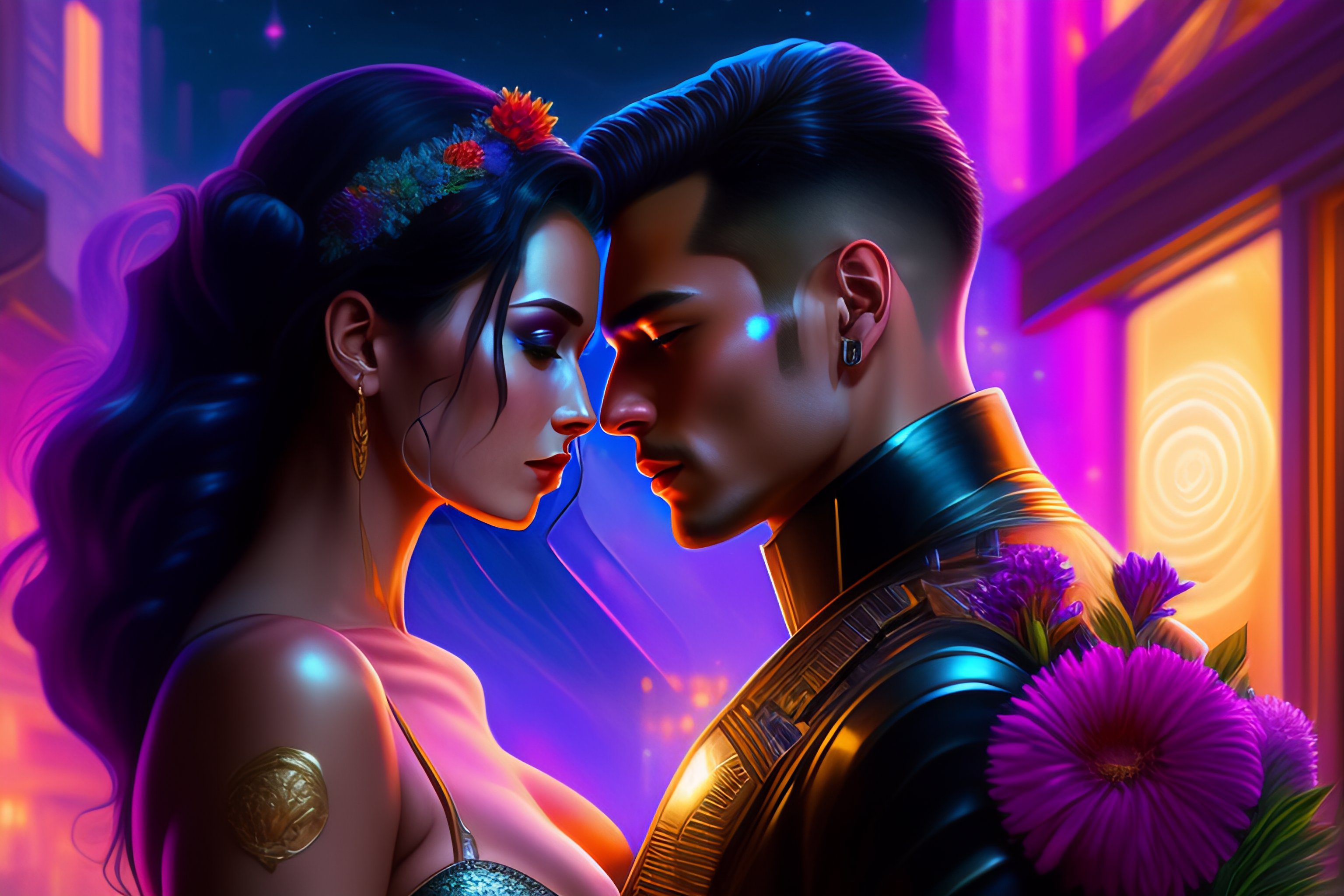 Lexica - An android man gives a bouquet of flowers to a beautiful human ...