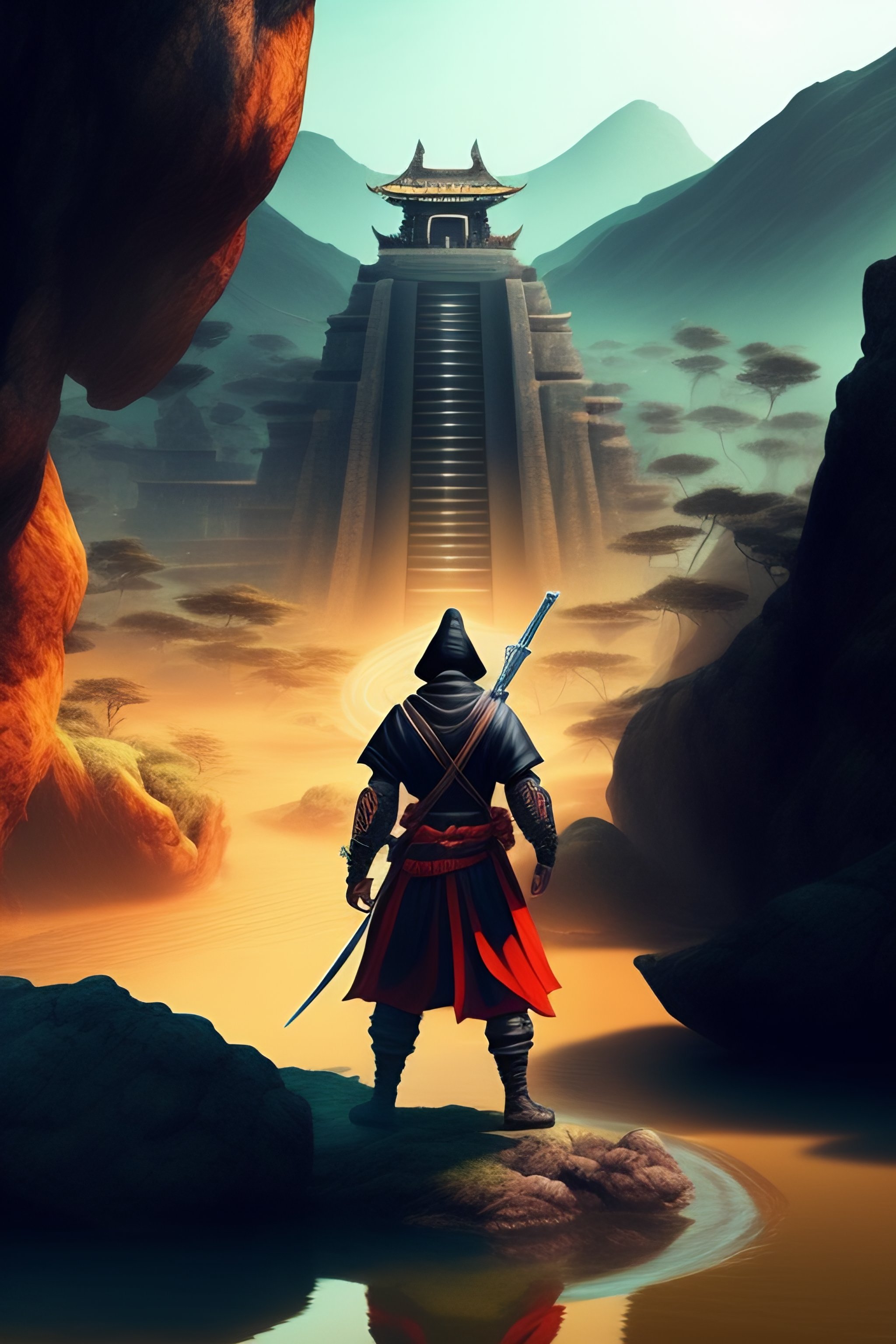 Lexica - 4 black Ninja Assassins standing on s beautiful island with a ...