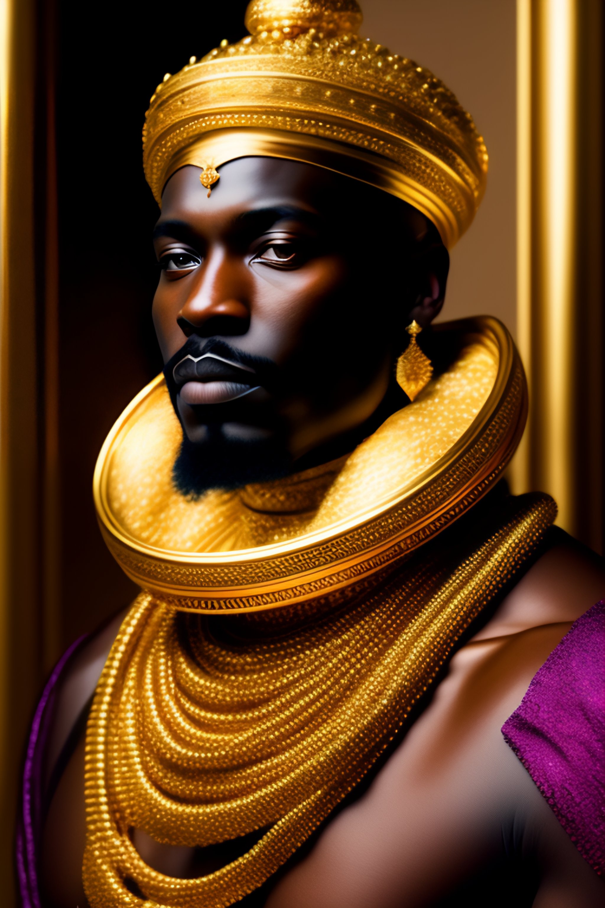 Lexica - A hyperrealistic portrait of Mansa Musa in gold dresses and ...