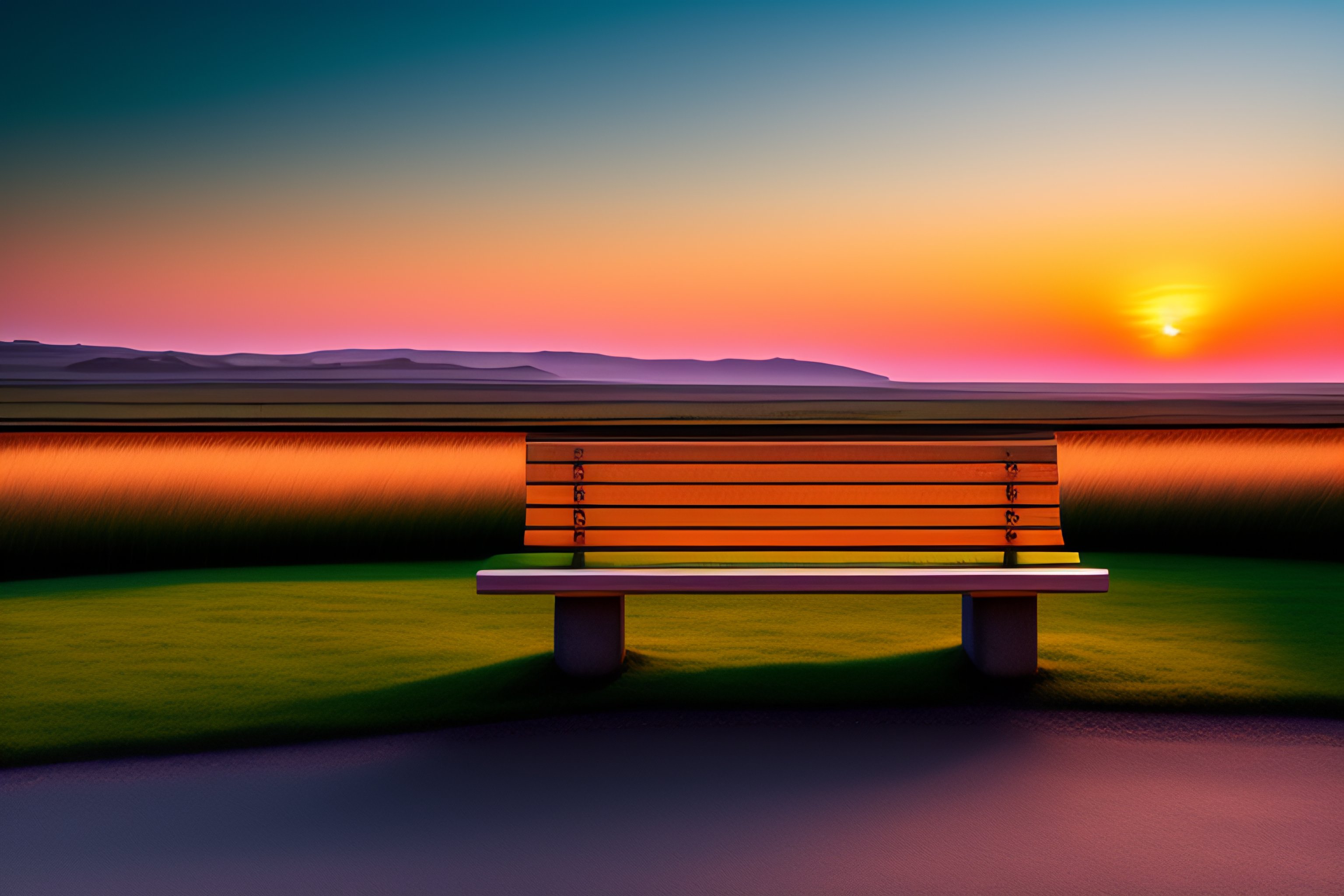 Lexica - Peaceful bench a beautiful landscape in front of it at sunset ...