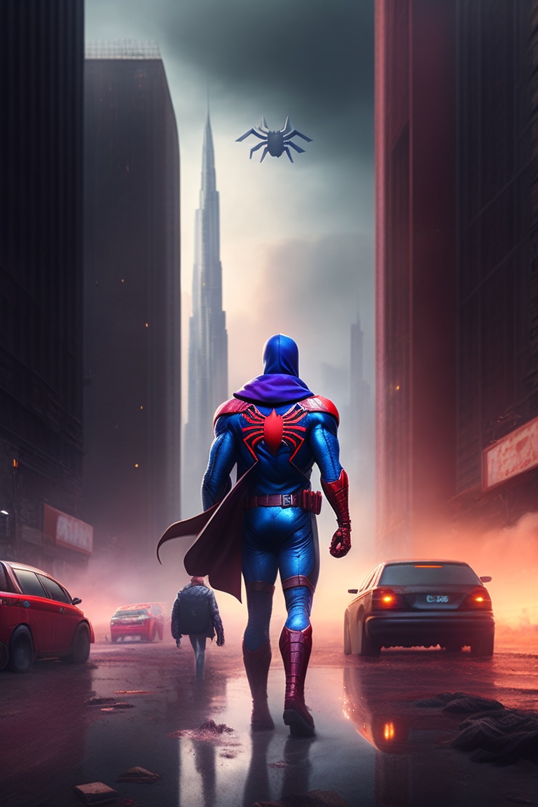 Lexica - Spider man walking, standing in the middle of an abandoned ...