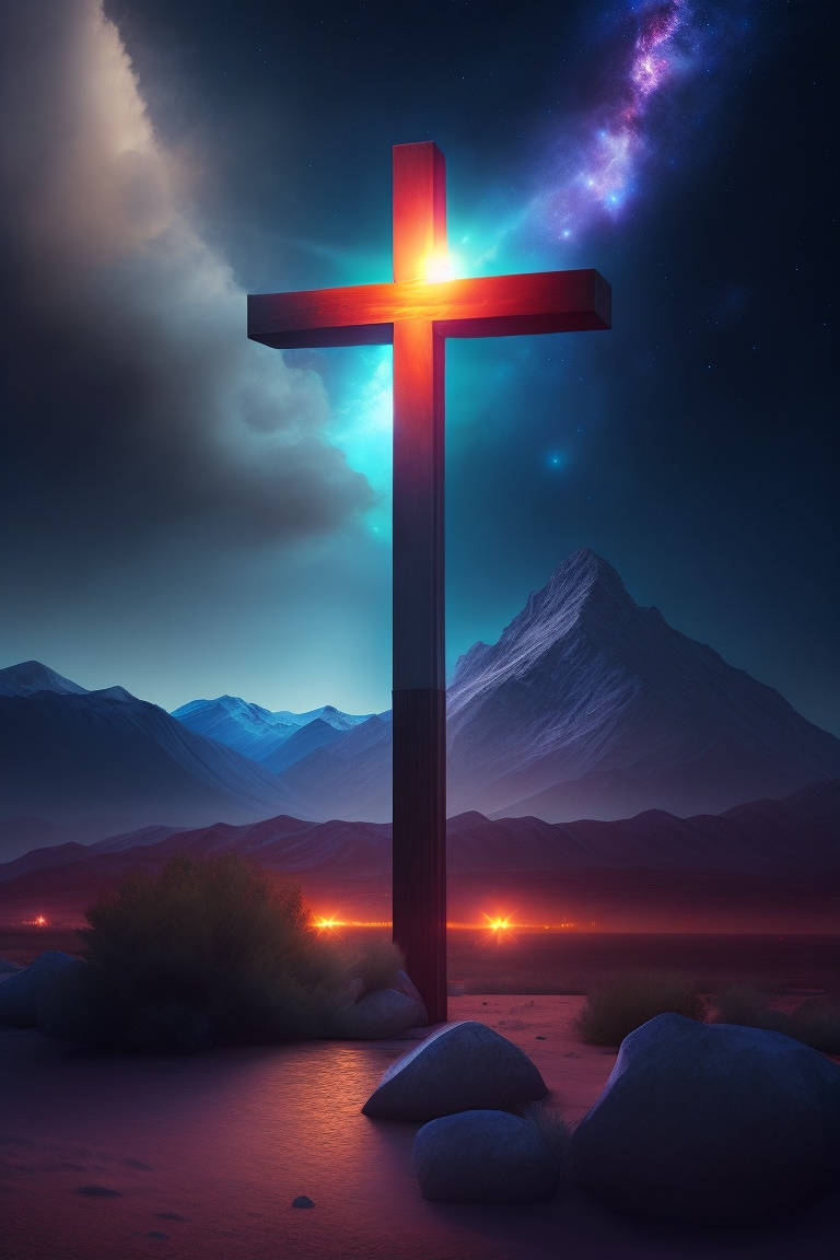 Lexica - Christ cross, mountains in the background, intense moonlight ...