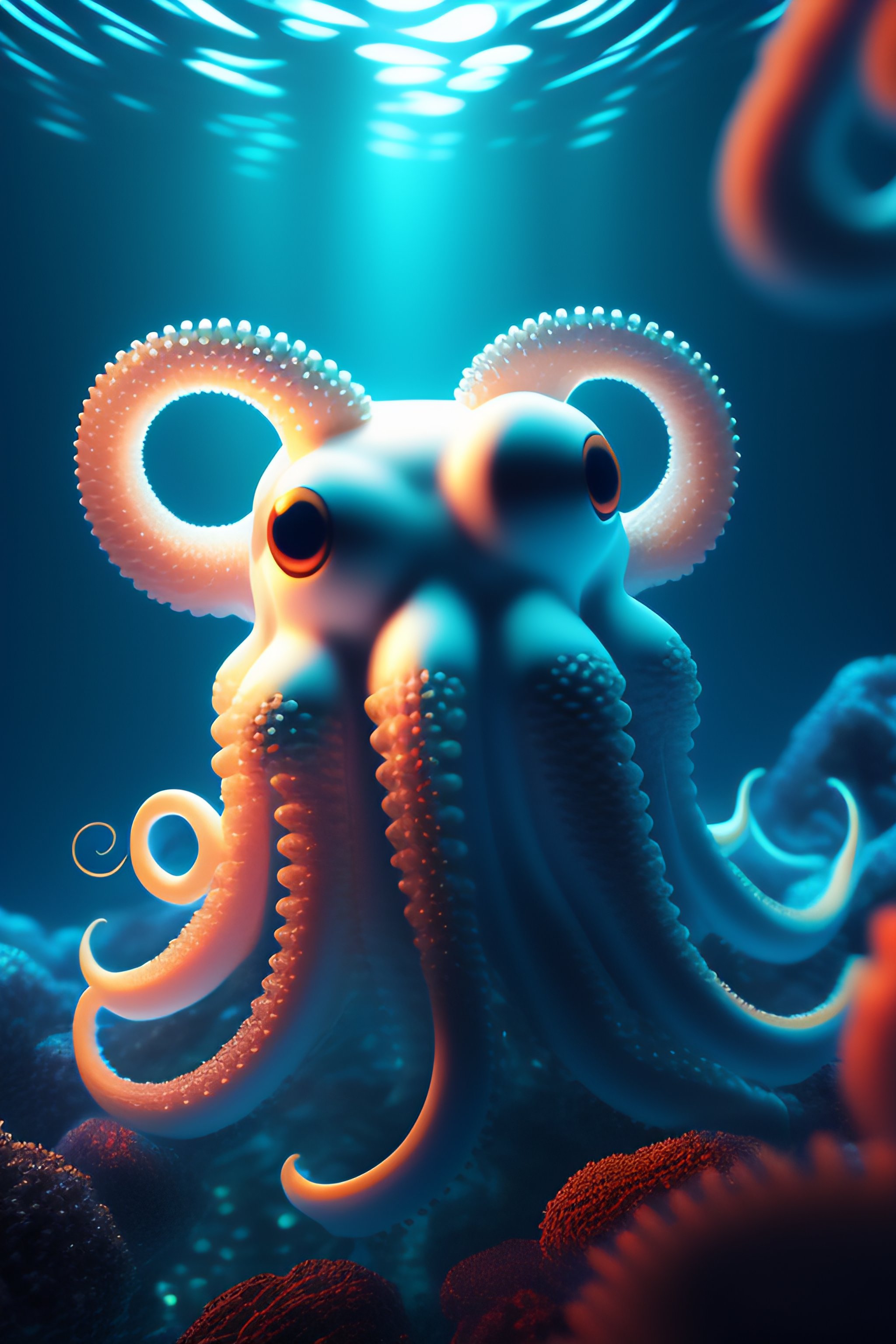 Lexica - 3D octopus monster with 3 white-light orbs for eyes, tentacles ...