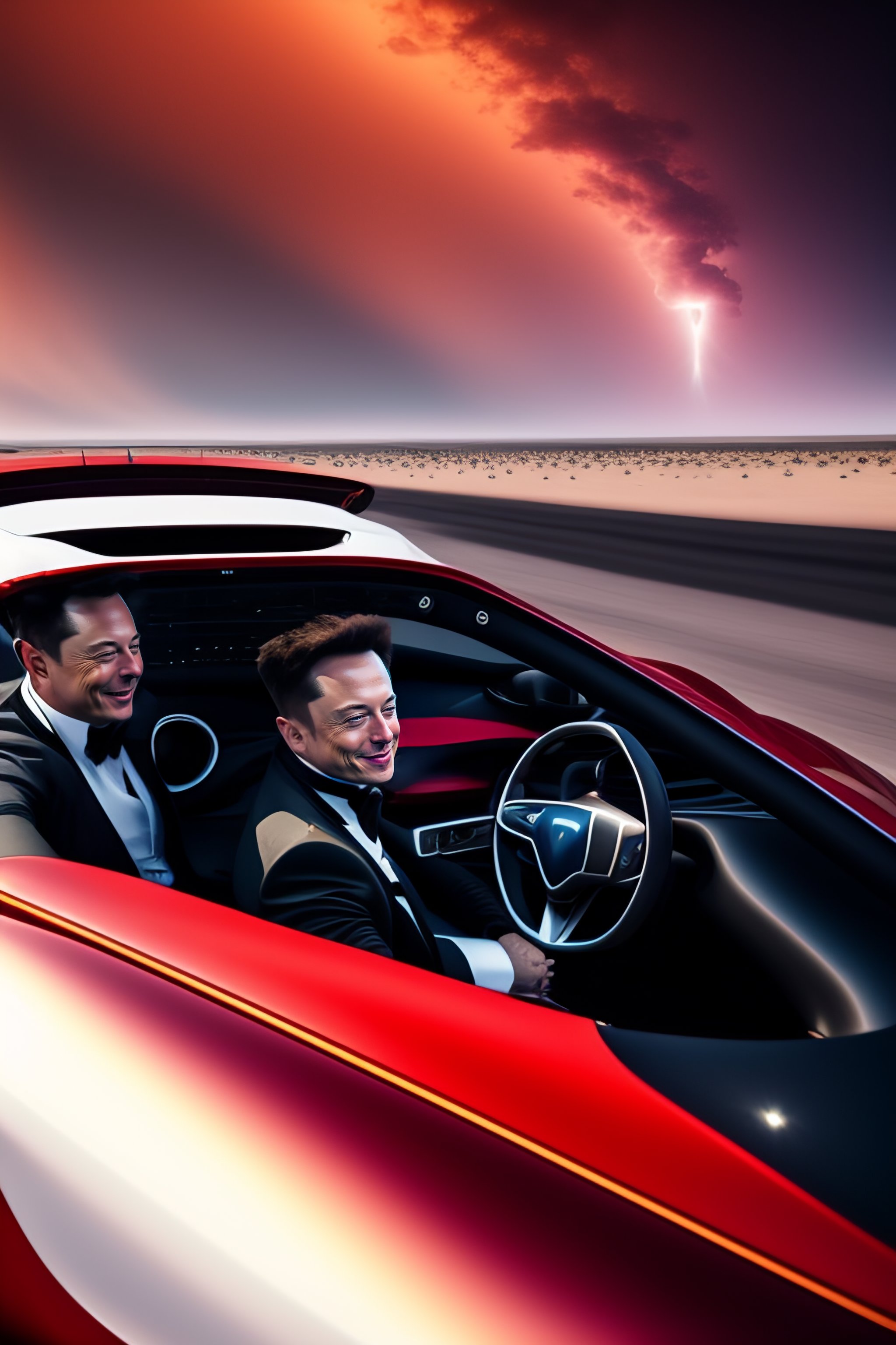 Lexica - Elon musk driving a convertible tesla roadster on a Tesla rocket