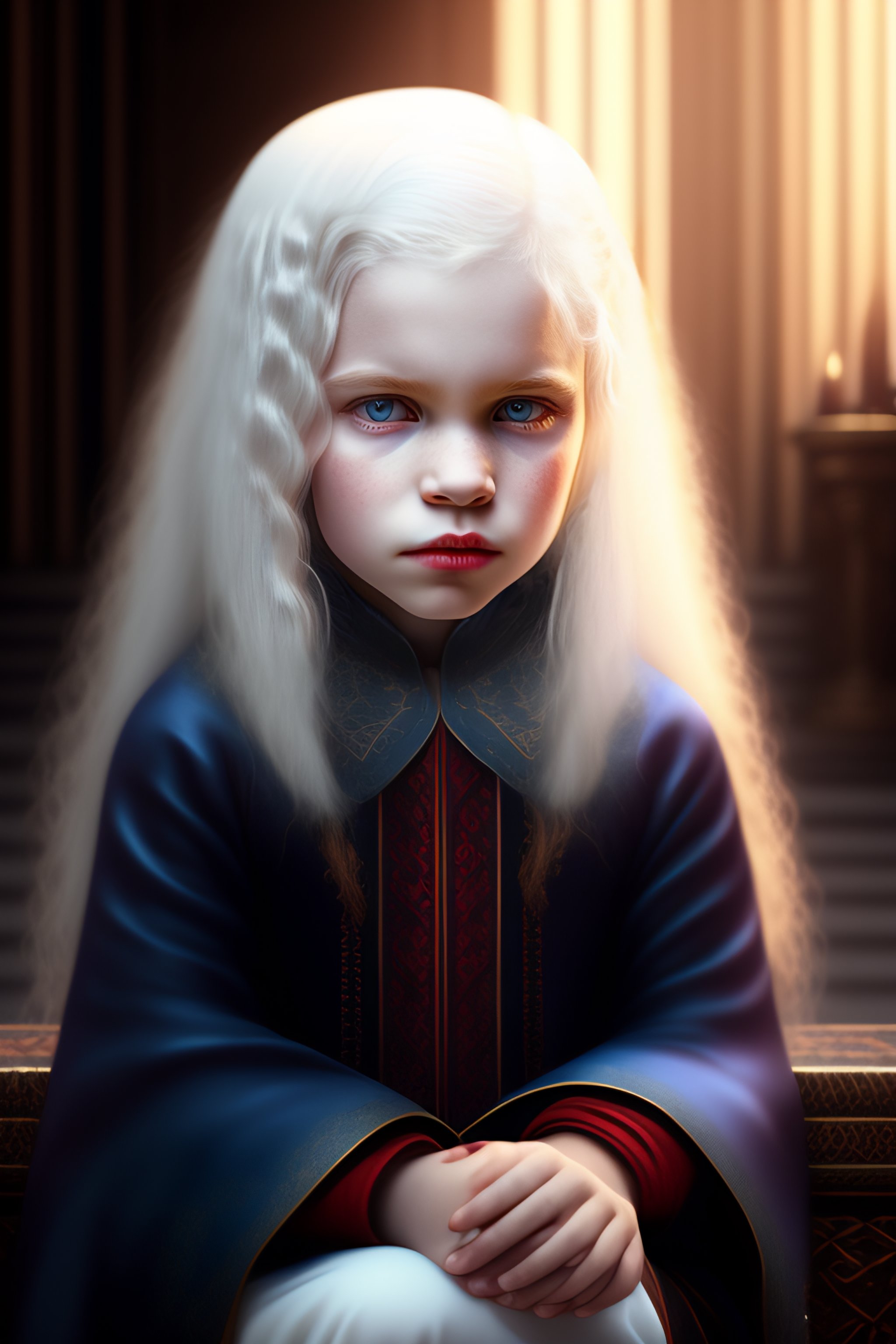 Lexica - Sad looking albino vampire female child in a temple sitting on ...