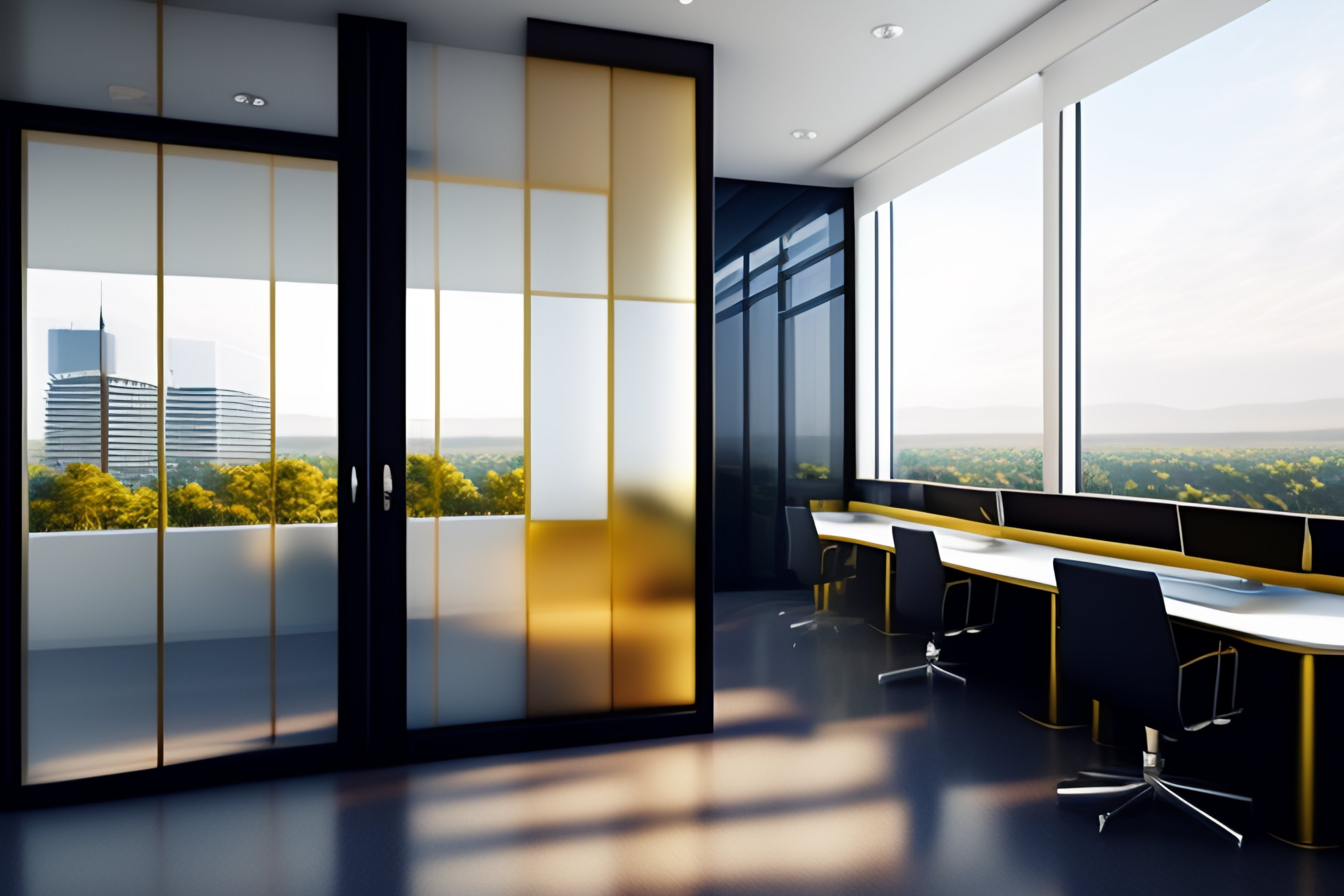 Lexica - Office, desk, white room, gold picture frames, floor to ...