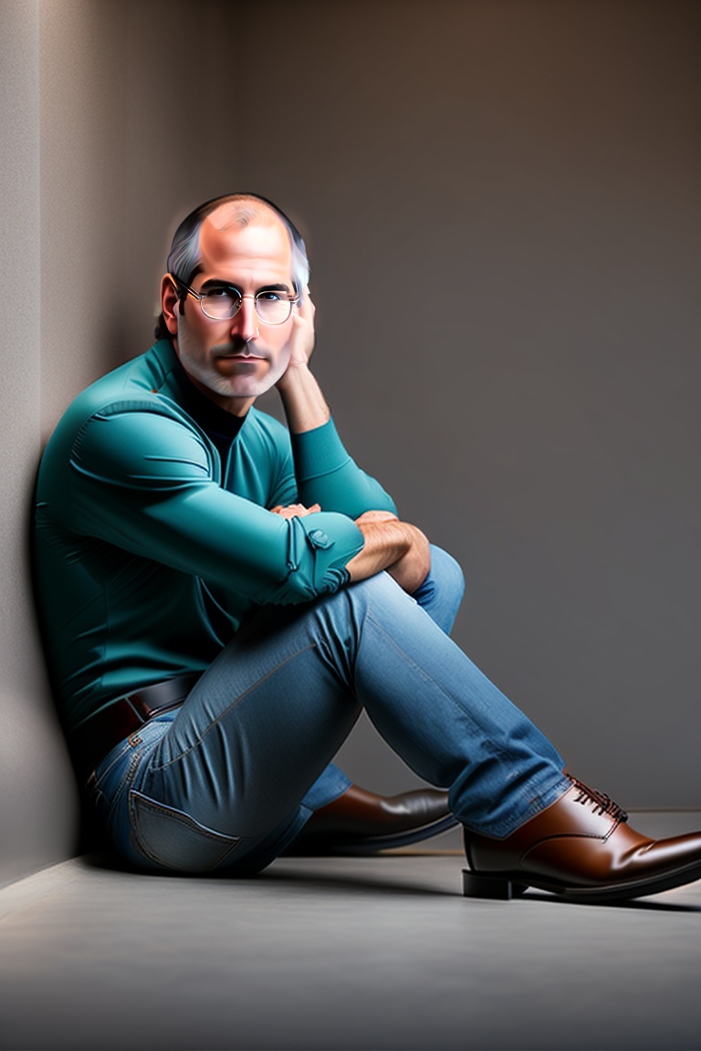 Lexica - Steve Jobs sitting against the wall, legs outstretched, hands ...