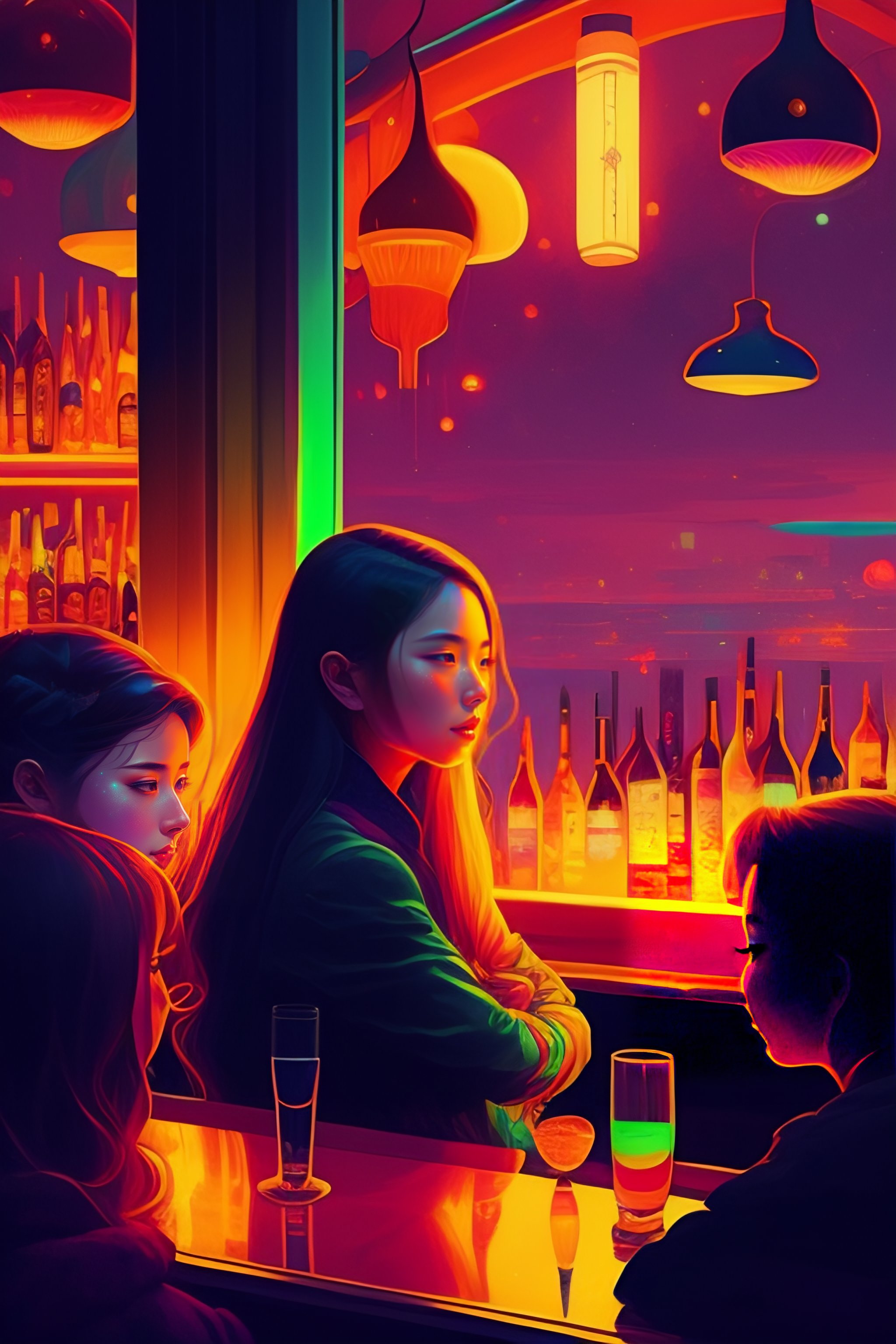 Lexica - Beautiful young girls at a bar, epic scene, by victo ngai ...