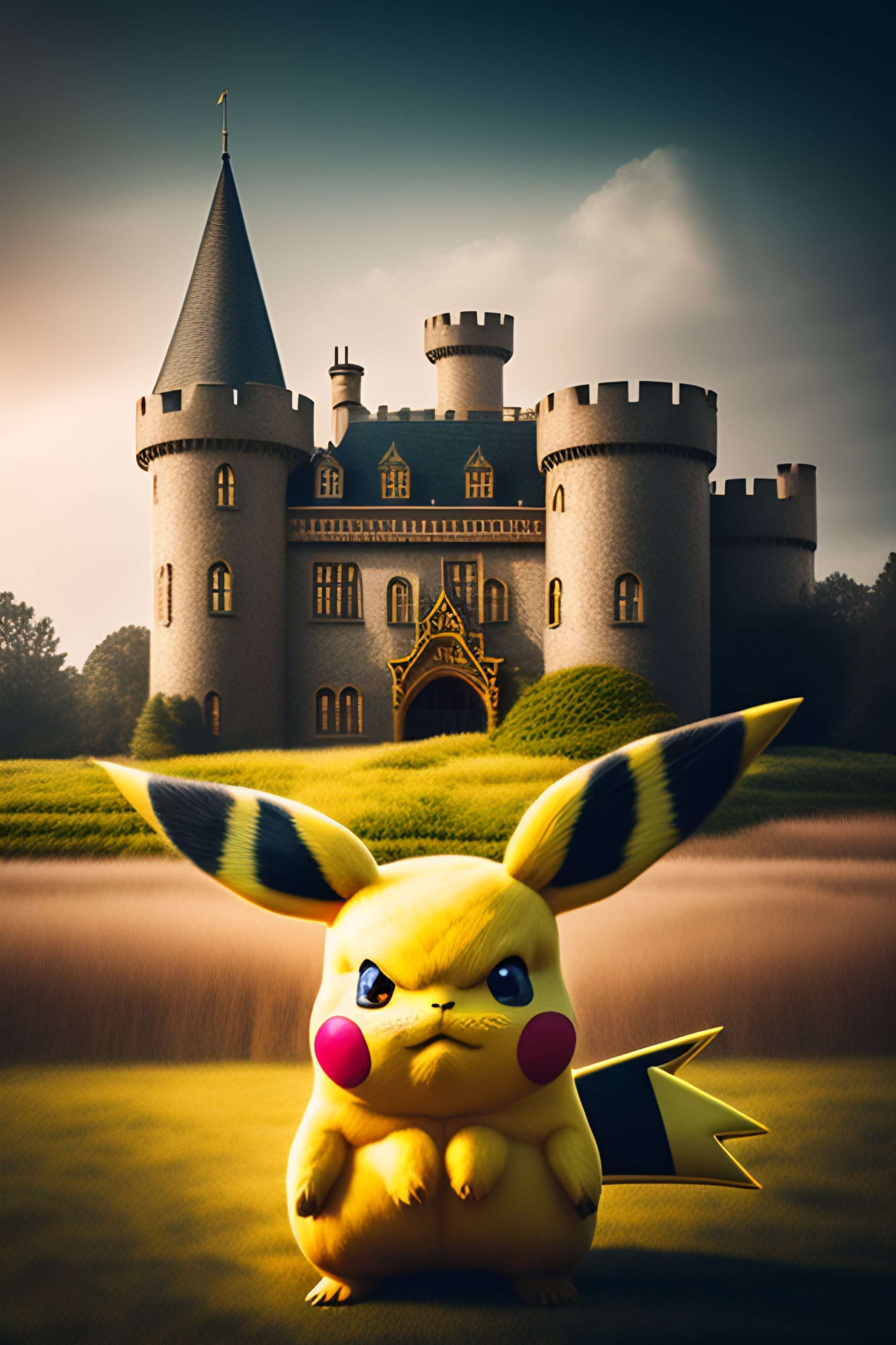 Lexica - A scary version of pikachu , standing in front of a giant castle