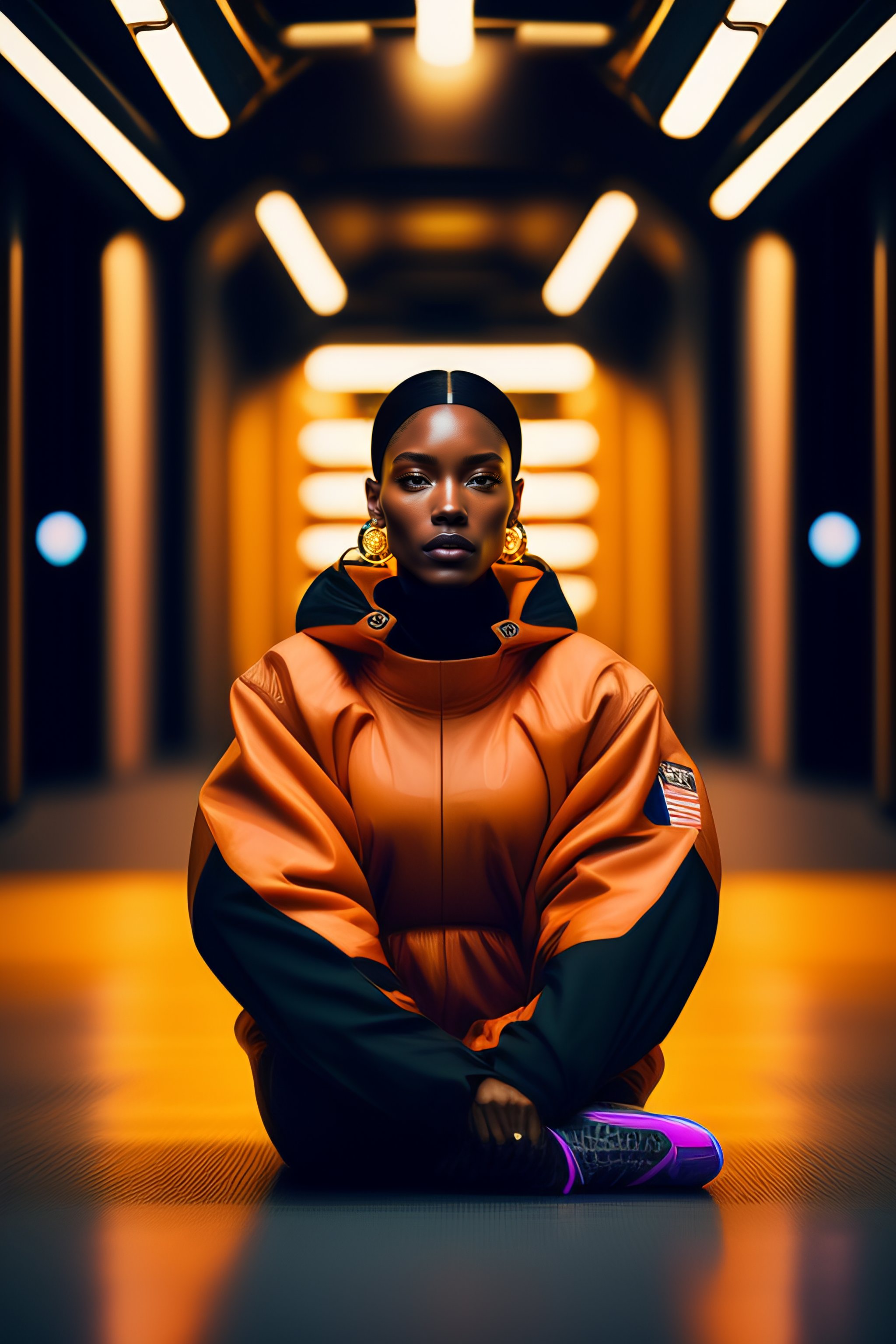 Lexica - Female in a sitting pose trapped in a small space station ...