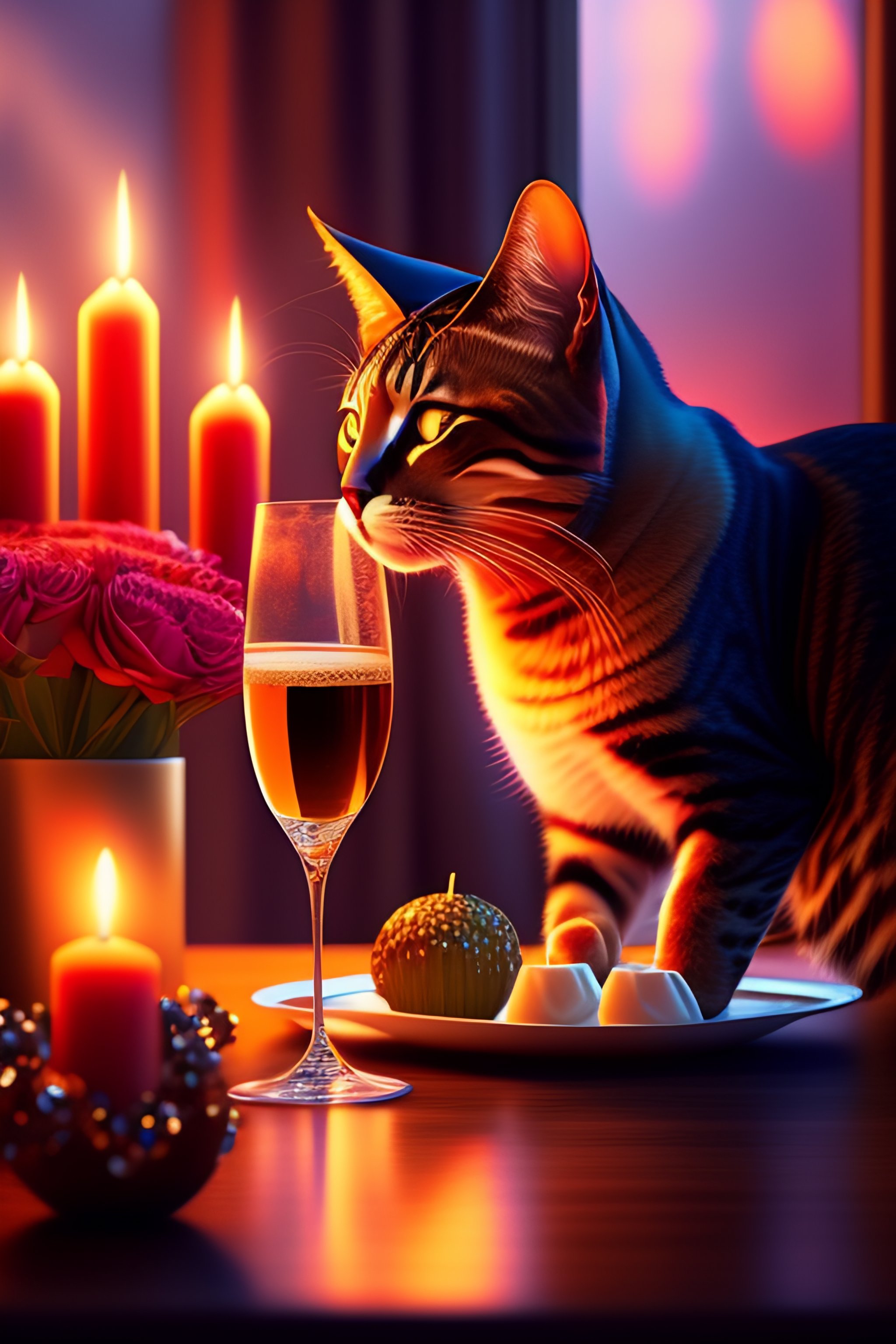 Lexica - A Pixiebob Cat romantic dinner with candles champagne confetti ...