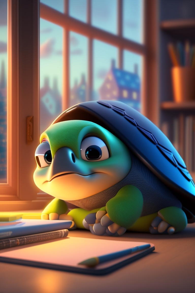Lexica - A Pixar 3D image of a cute humanoid turtle studying, during ...